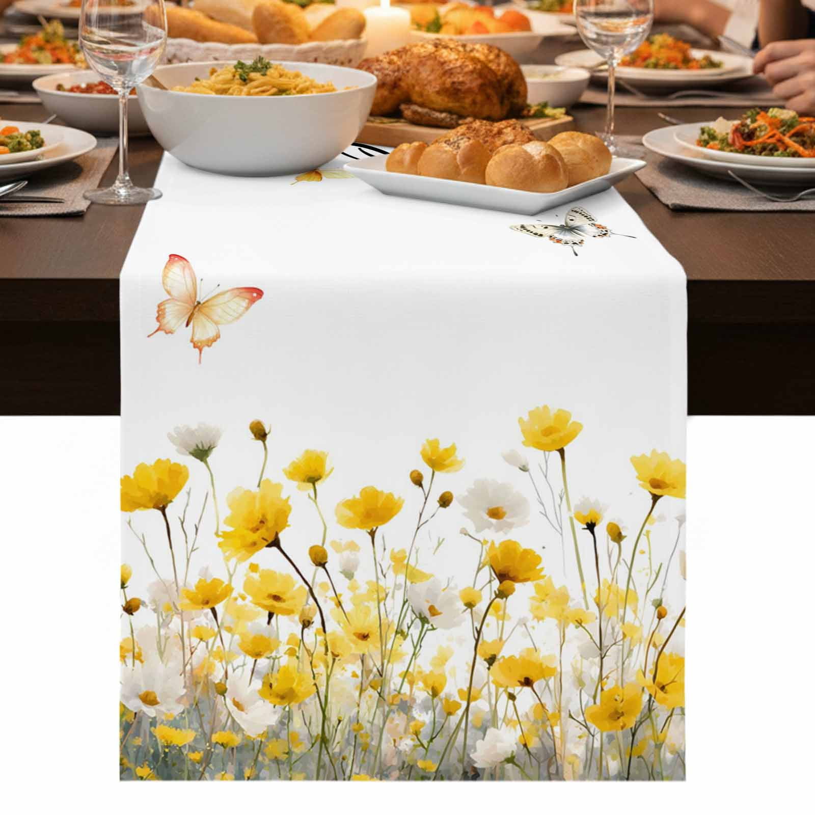 Spring Yellow Floral Table Runner 48 Inch Long Dresser Scarves Linen ...
