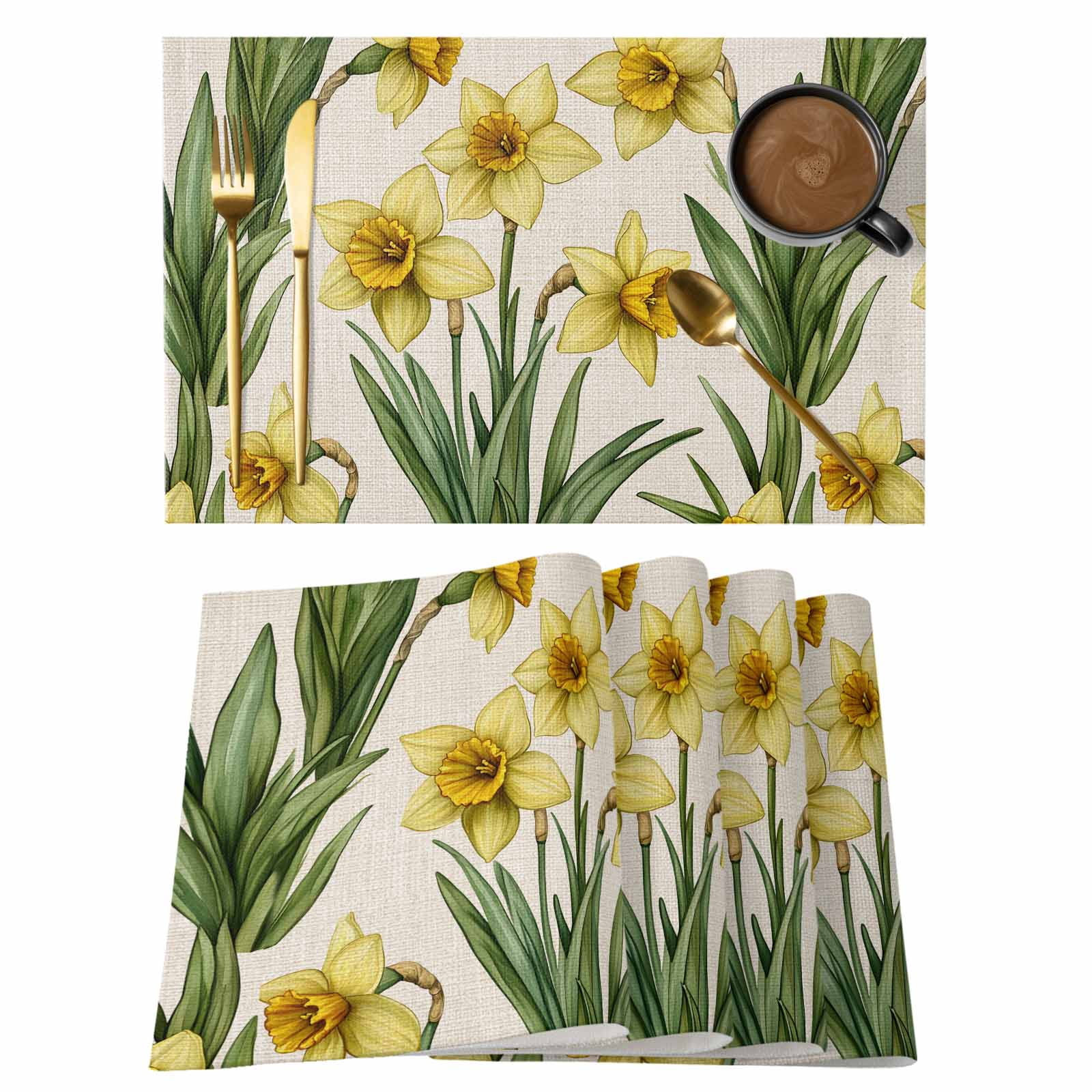 Spring Yellow Flower Placemats Set of 6, Country Watercolor Floral ...