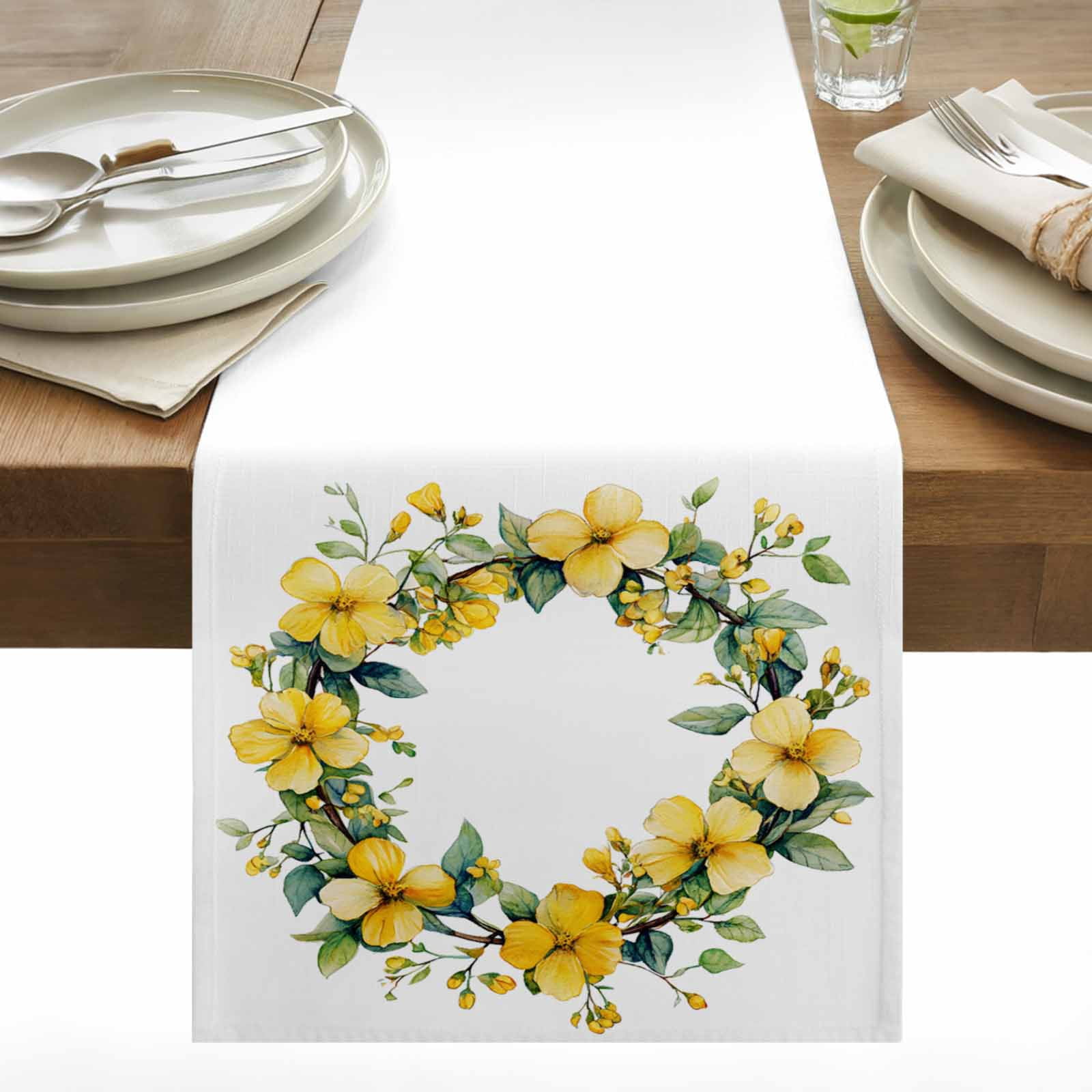 Spring Yellow Flower Wreath Cotton Linen Table Runner Country ...