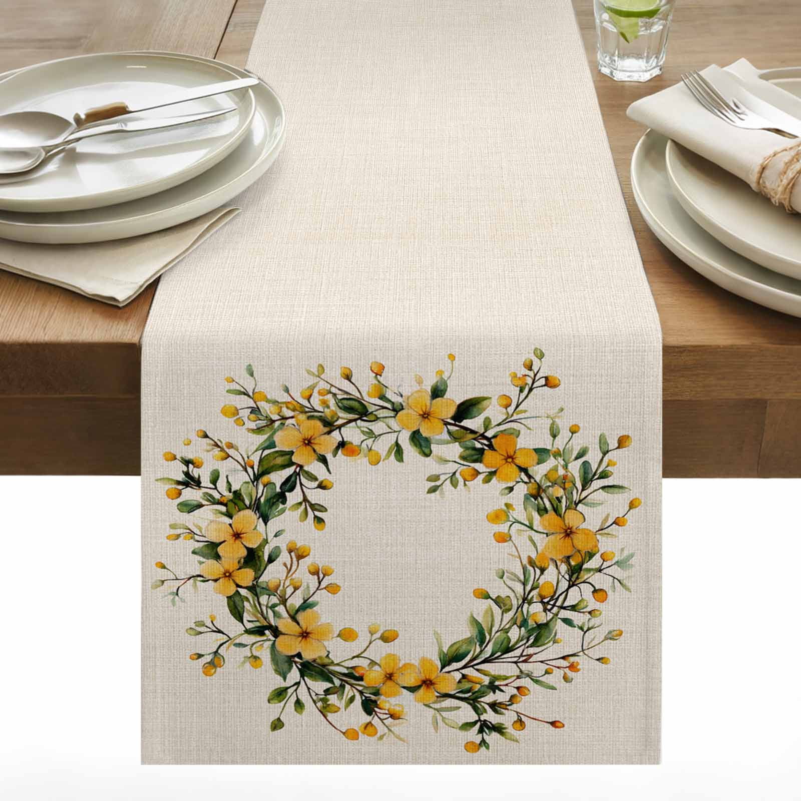 Spring Yellow Flower Wreath Cotton Linen Table Runner Country ...