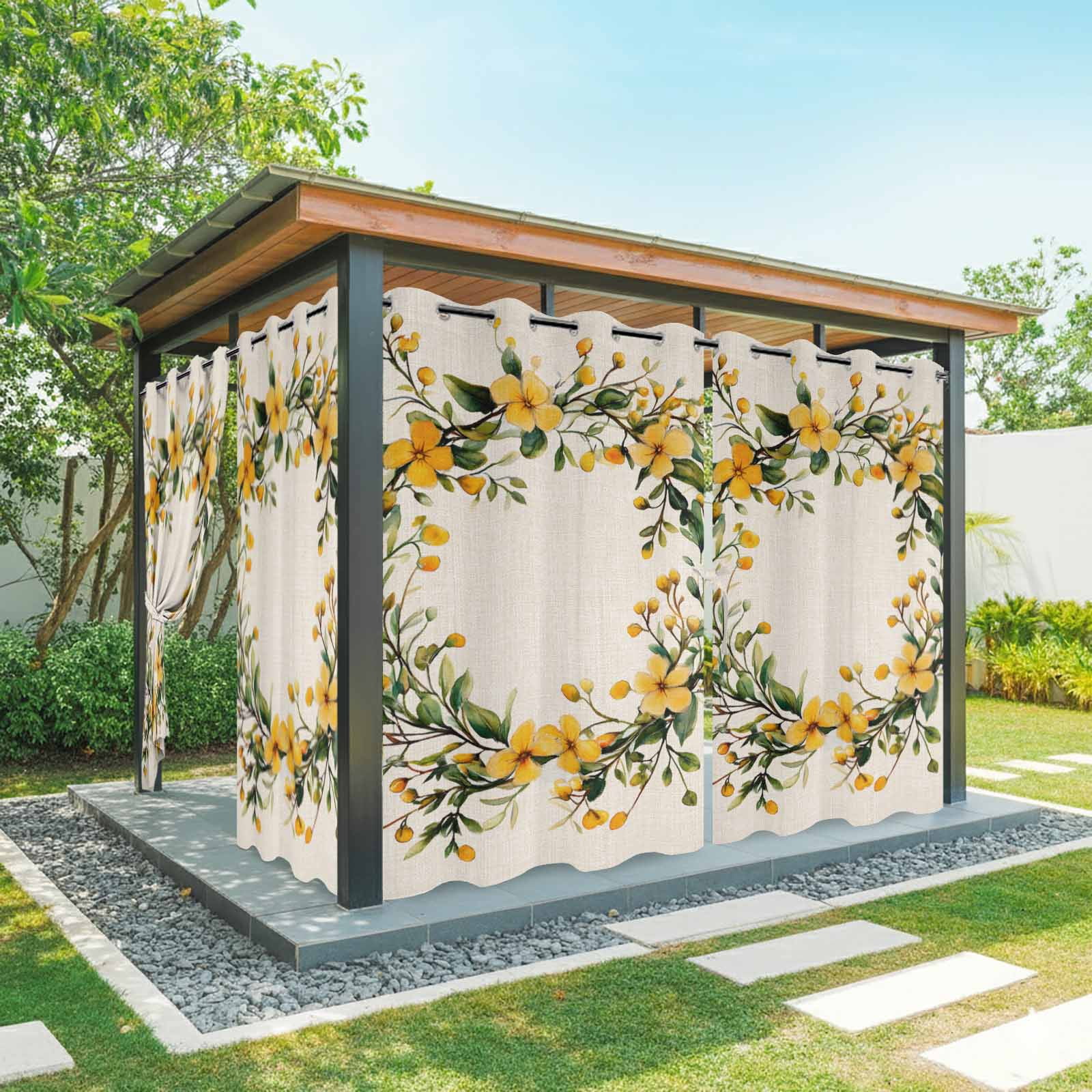 Spring Yellow Flower Wreath Outdoor Curtains for Patio Waterproof ...