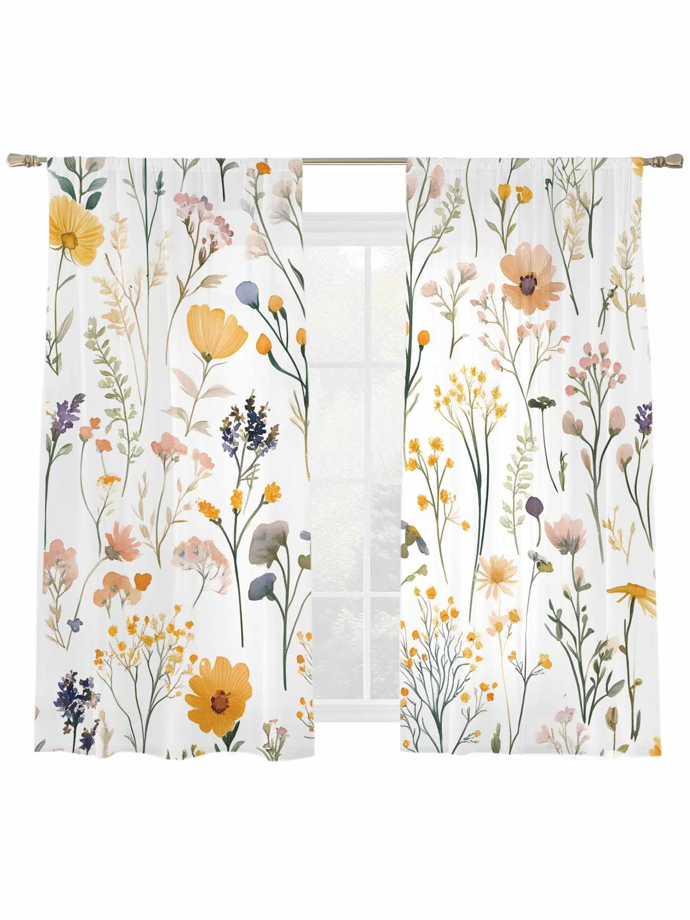 Spring Yellow Sheer Curtains 2 Panels Set Brown Flowers Leaves Sheer ...