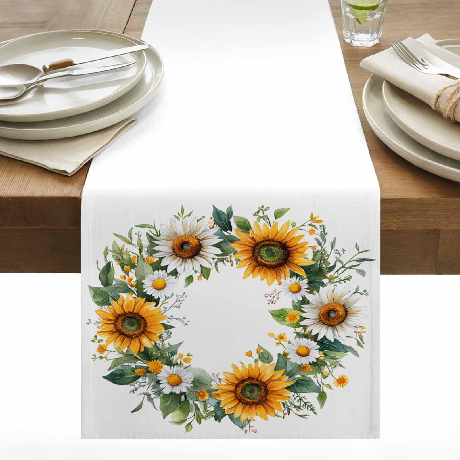 Spring Yellow Sunflower Wreath Cotton Linen Table Runner Country ...