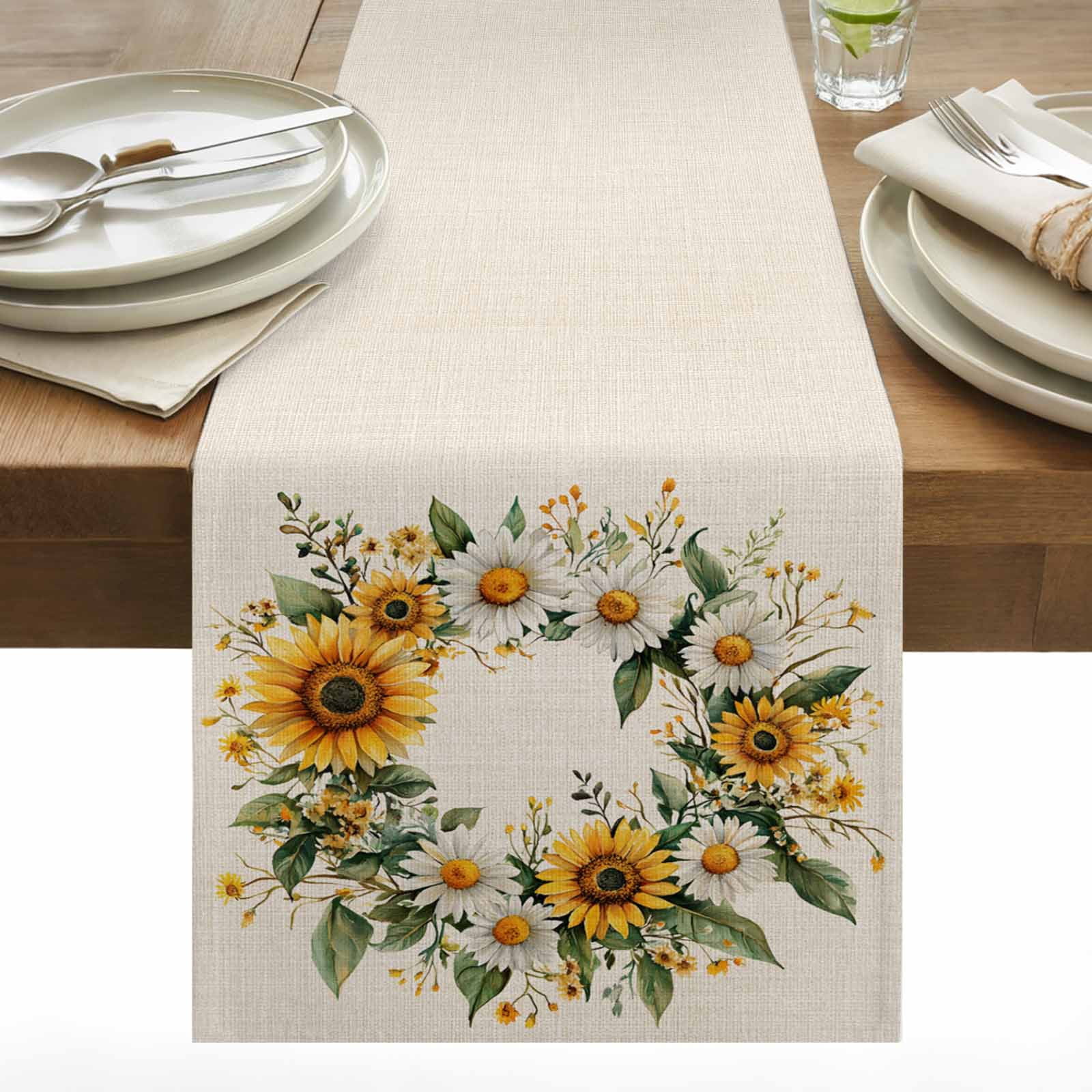Spring Yellow Sunflower Wreath Cotton Linen Table Runner Country ...