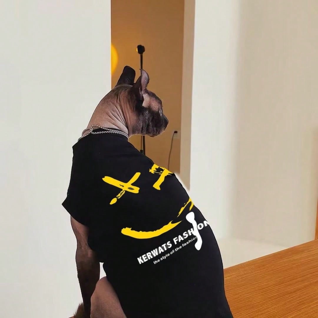 Spring and Summer Sphinx Hairless Cat Clothes Handsome Letter Smiling Face Printed High end Thin ...