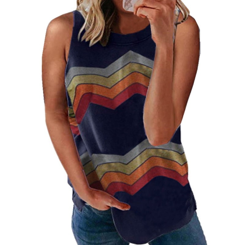 Spring and summer round neck rainbow striped tank tops for women ...
