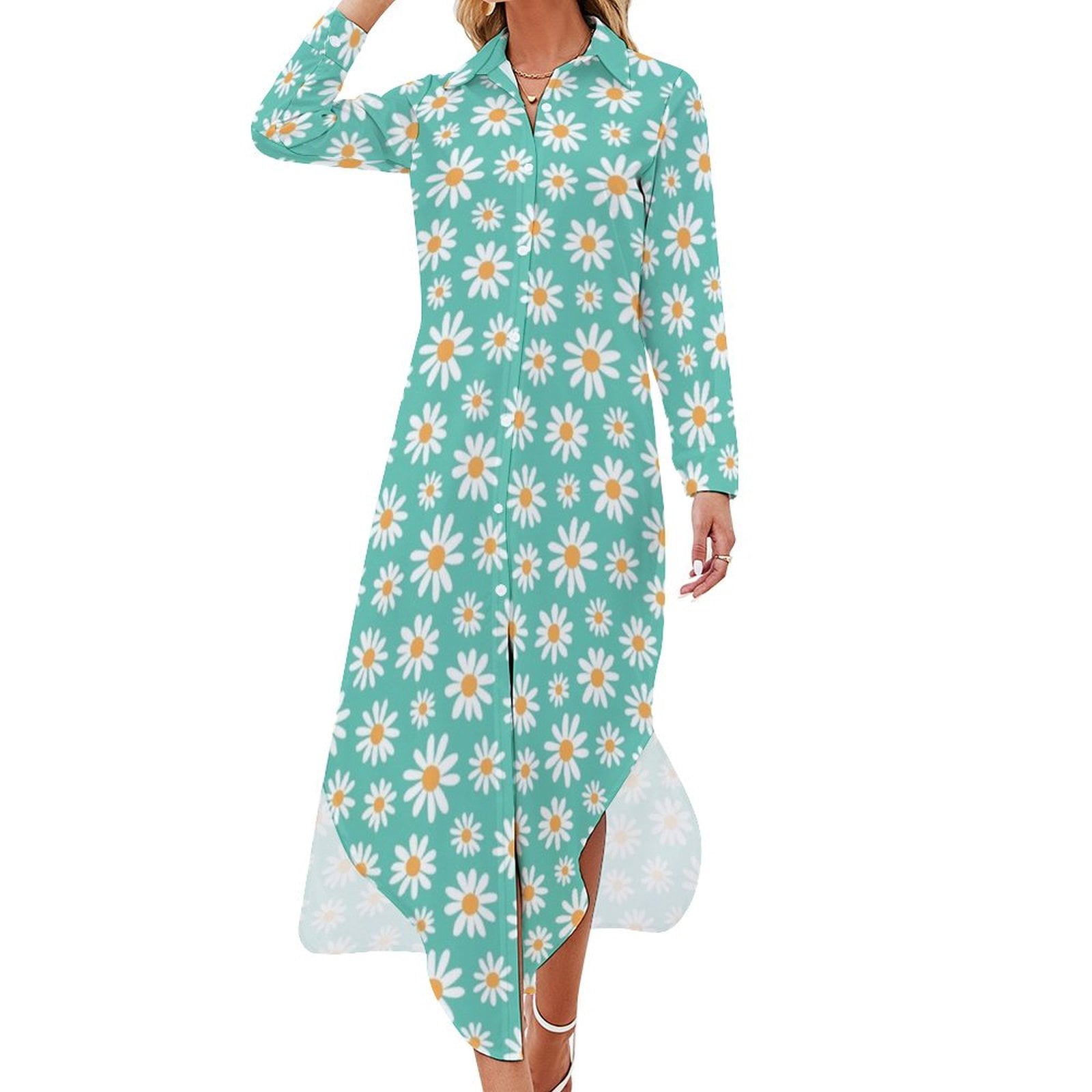 Spring daisies floral retro pattern on mint teal green Long Sleeved ...