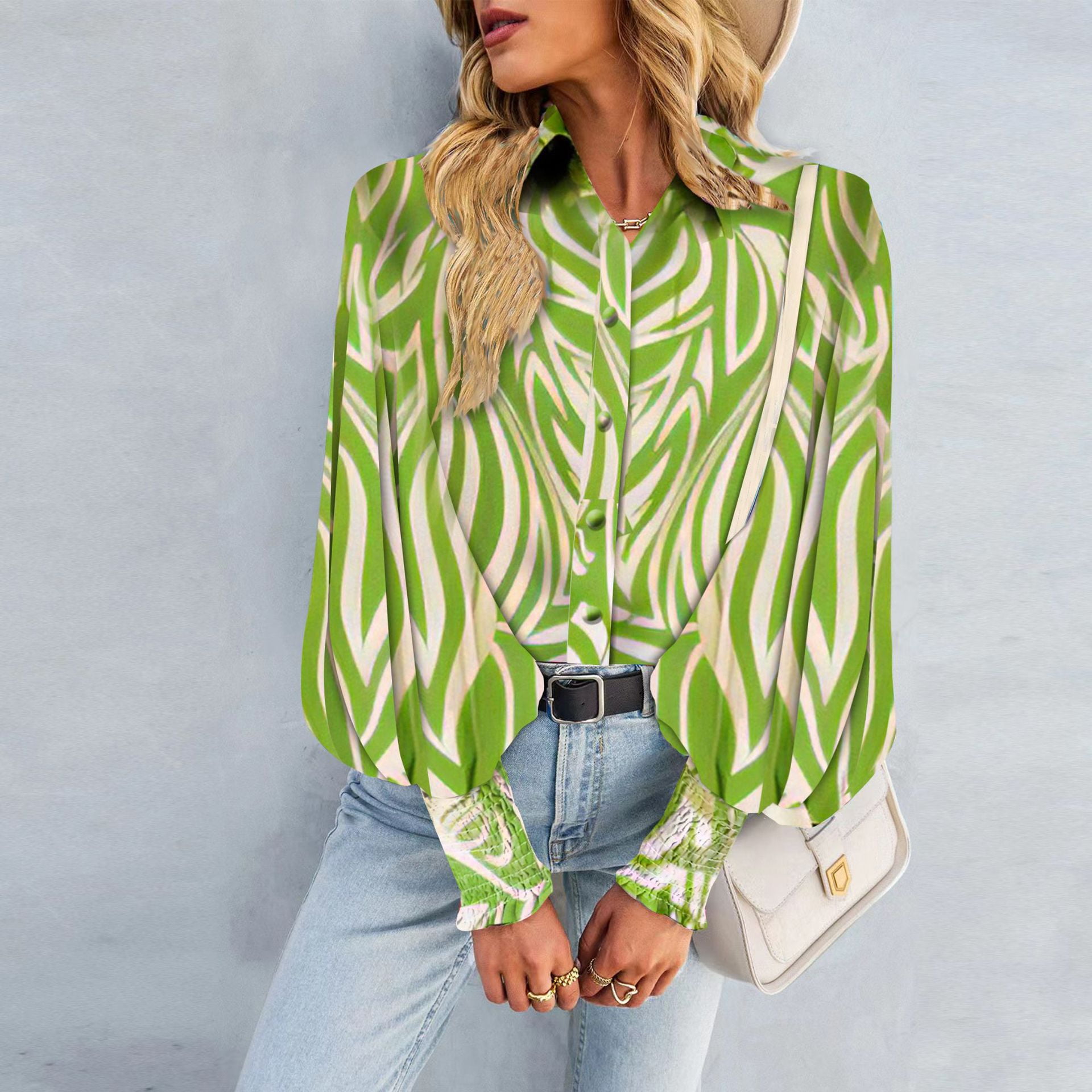 Spring floral long sleeve top lapel lantern sleeve shirt for women ...