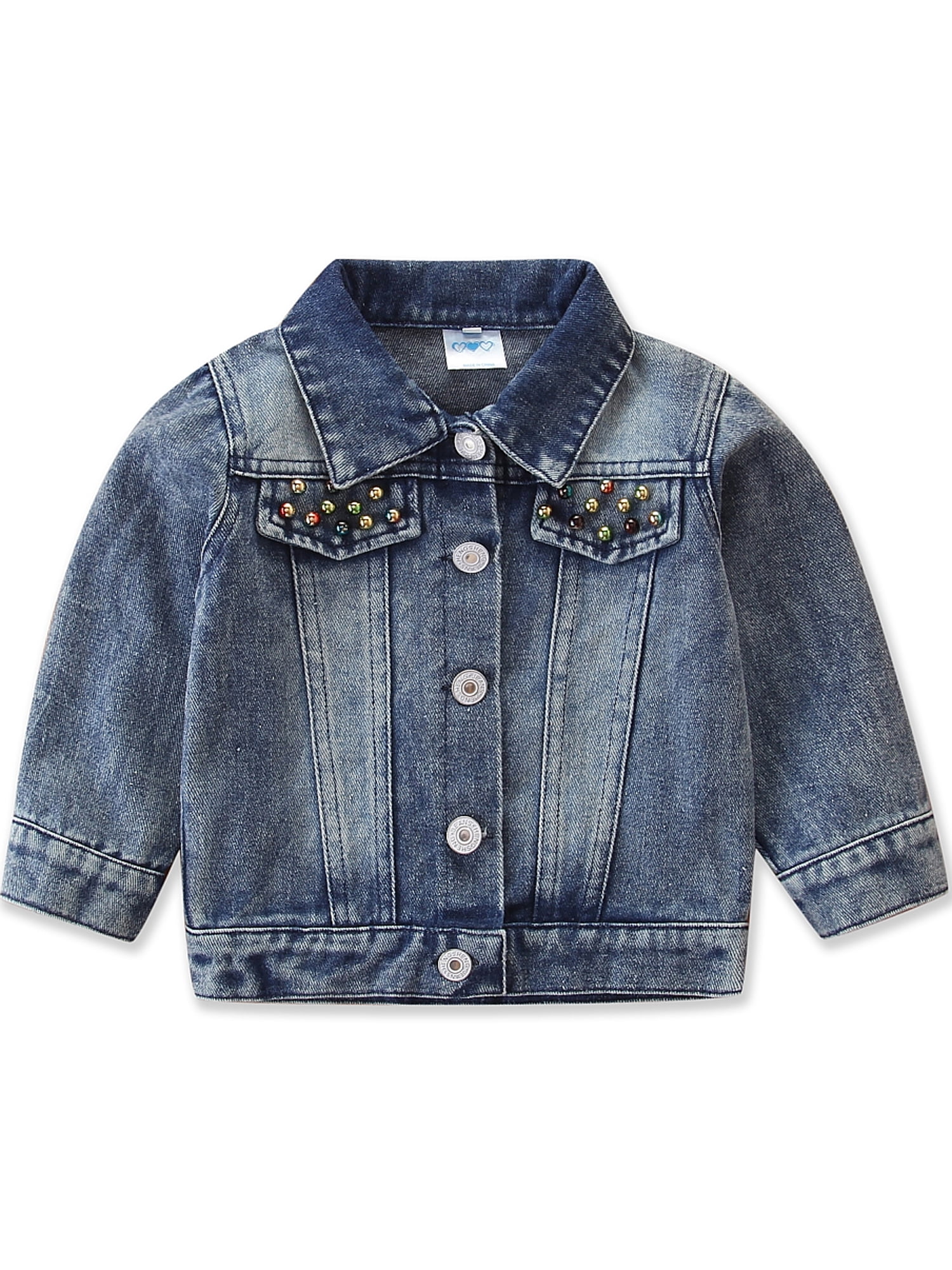 Spring hue Girls Blue Lapel Long-Sleeves Denim Jacket with Beadings ...