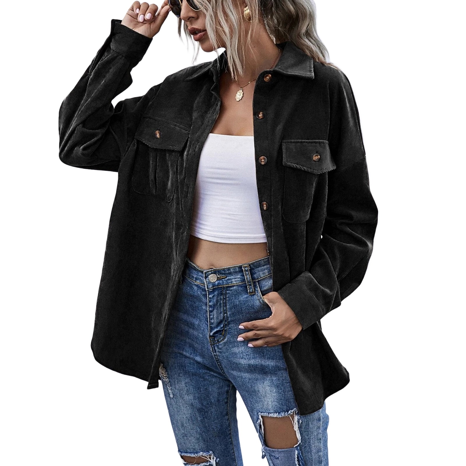 Spring hue Women Juniors Shacket Corduroy Shirt Jacket, Solid Color ...