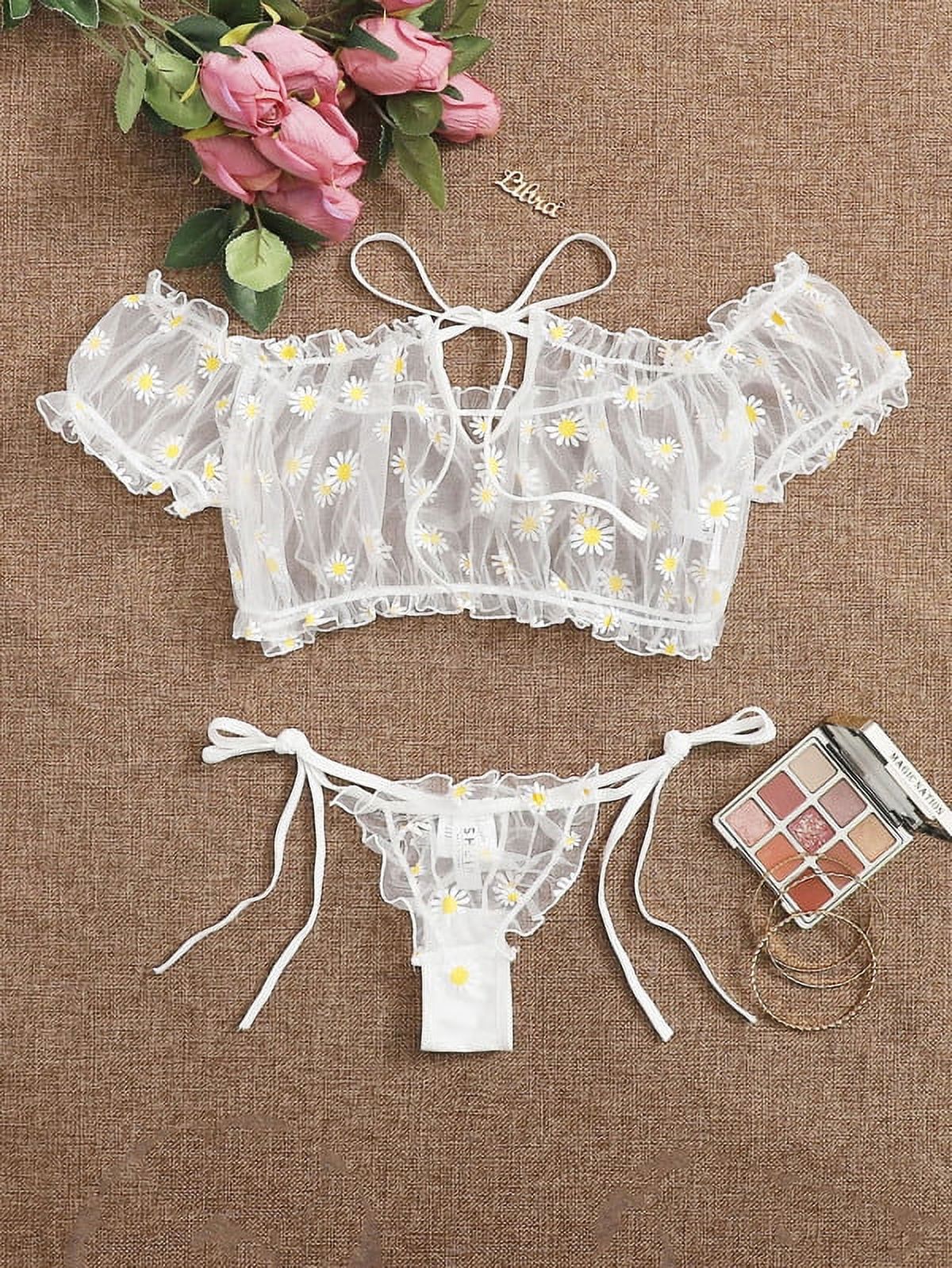 Spring hue Women Lingerie Suit Sheer Floral Off-Shoulder Crop Top Tie ...