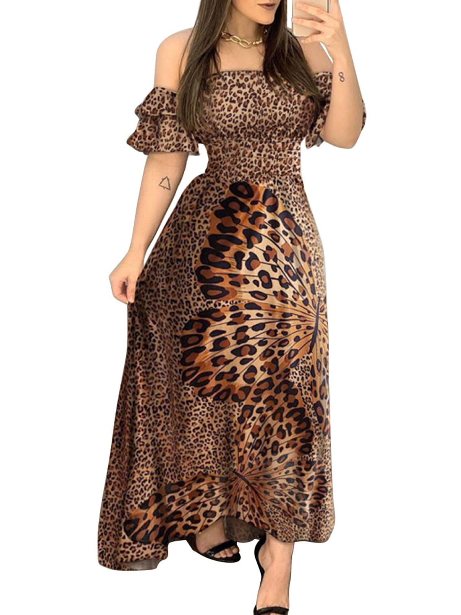 Spring hue Women Off Shoulder Leopard Printed Butterfly Long Dress ...