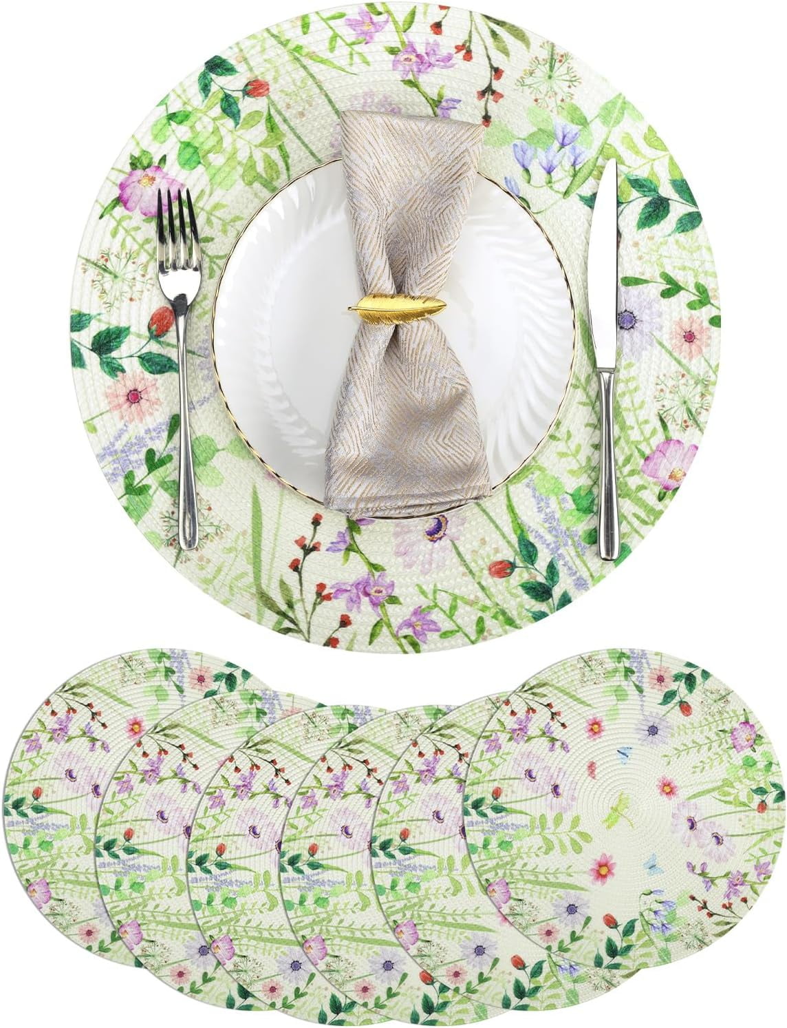 Spring and summer round woven placemat, 6-piece set, 15 inch colorful ...