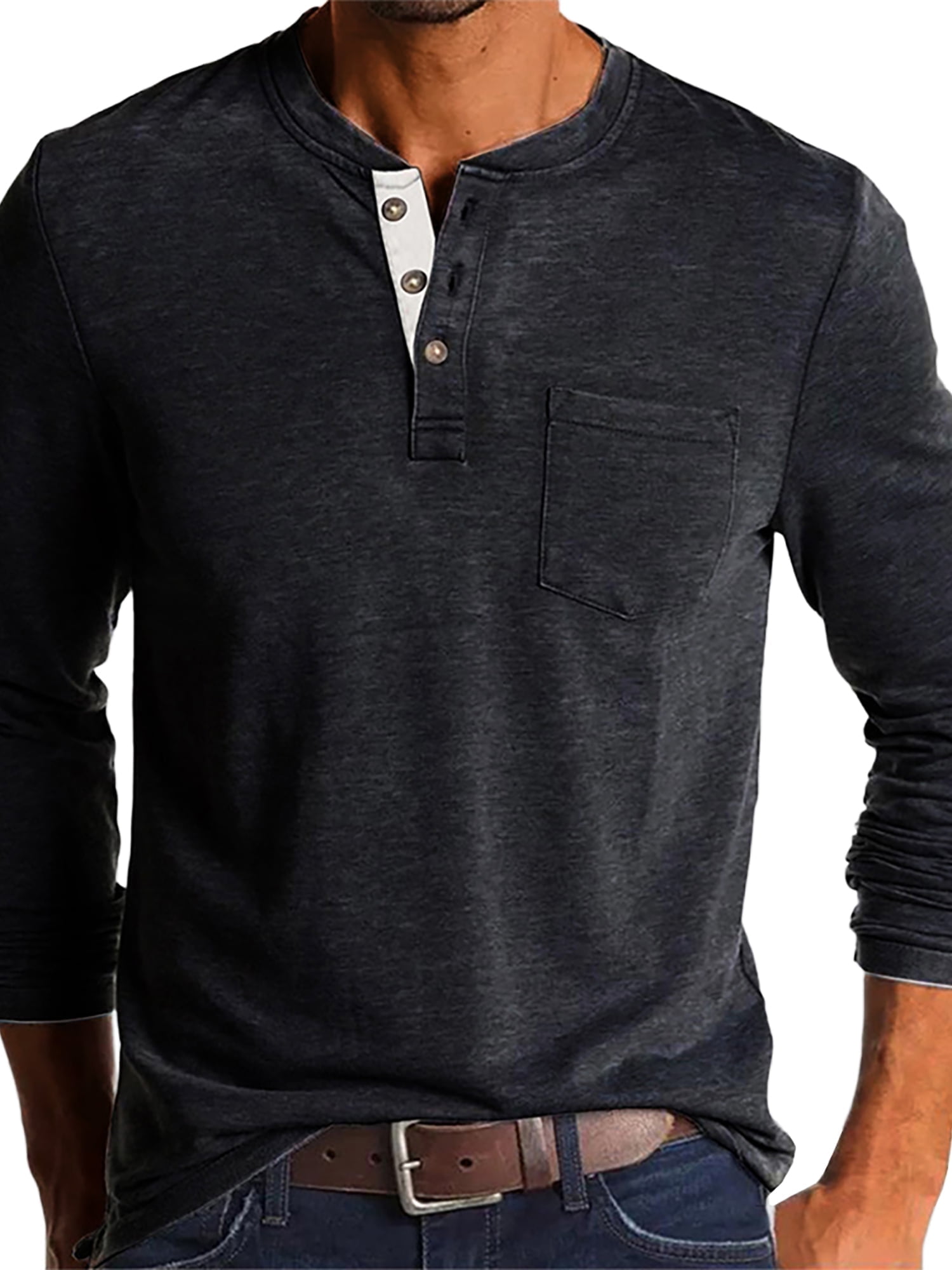 SpringTTC Men Classic Fit Solid Long Sleeve Buttons Henley T-Shirt Tops ...