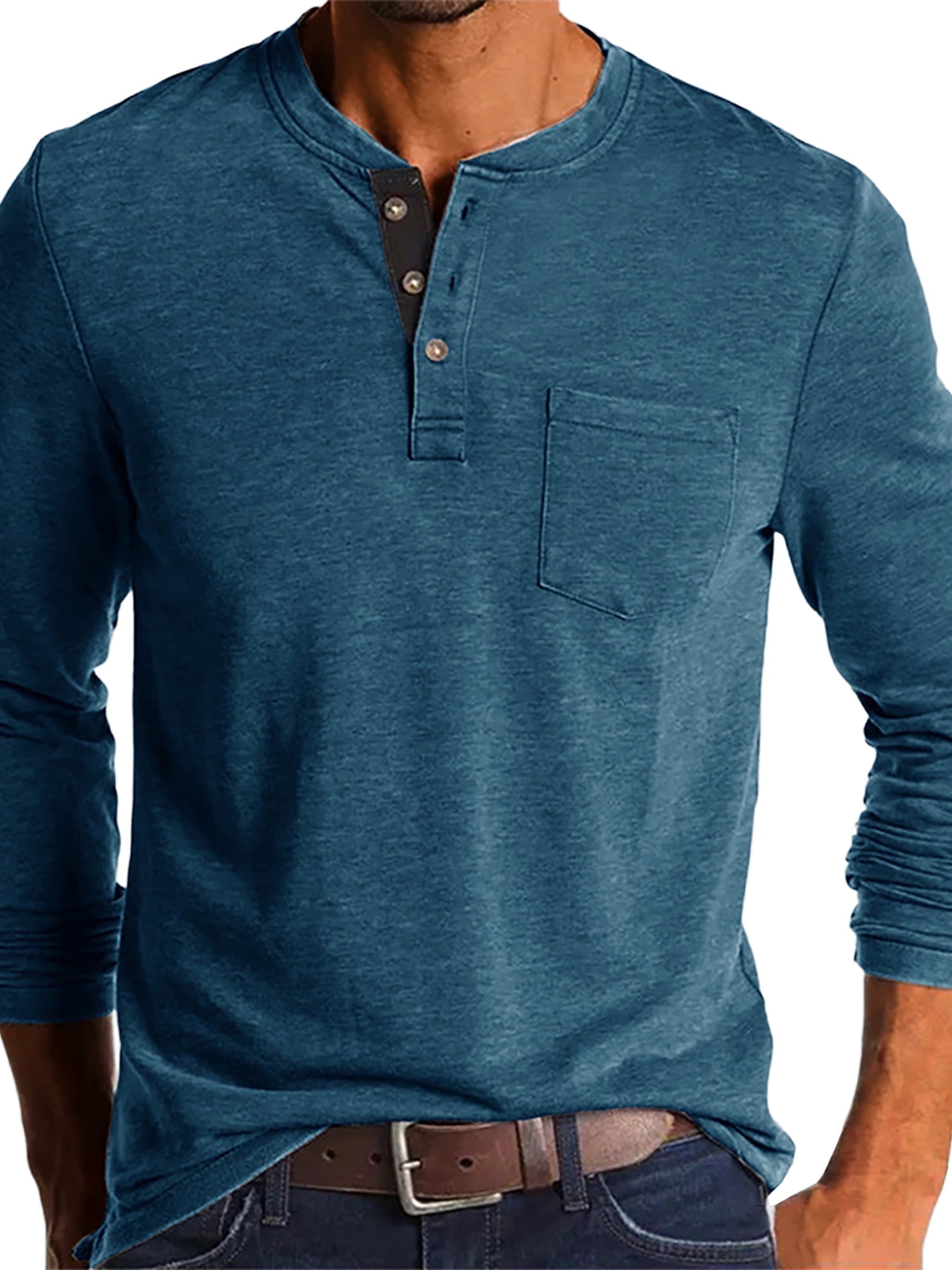 SpringTTC Men Classic Fit Solid Long Sleeve Buttons Henley T-Shirt Tops ...