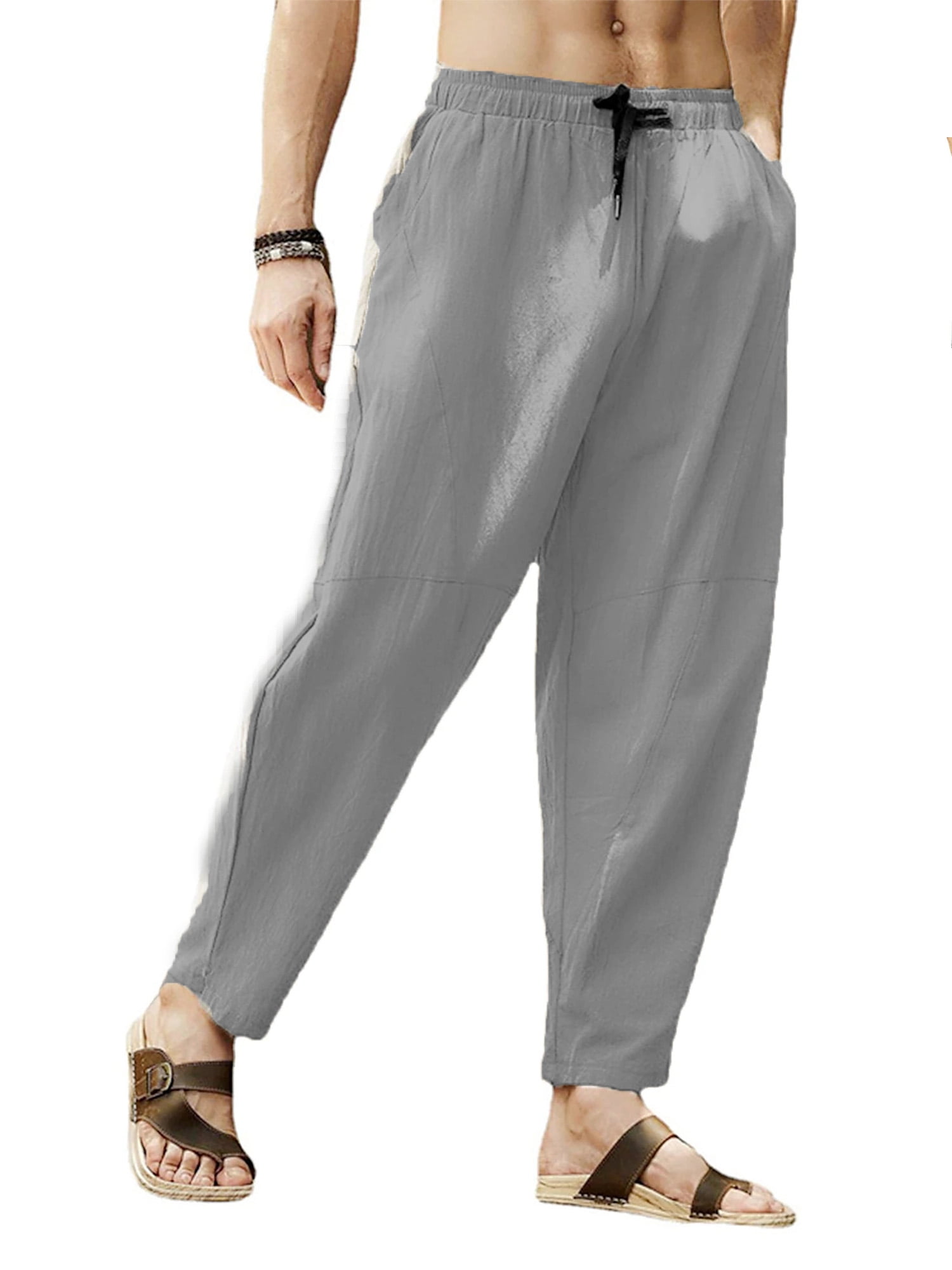 SpringTTC Men Linen Drawstring Straight Leg Side Pockets Casual Loose ...