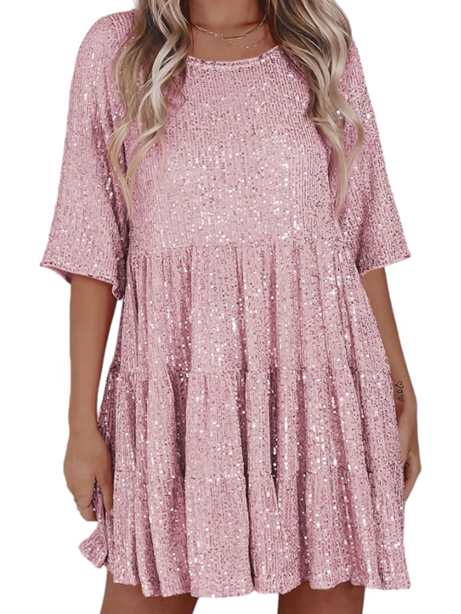 SpringTTC Women Trapeze & Swing Dresses Sequins Solid Long Sleeve Round ...