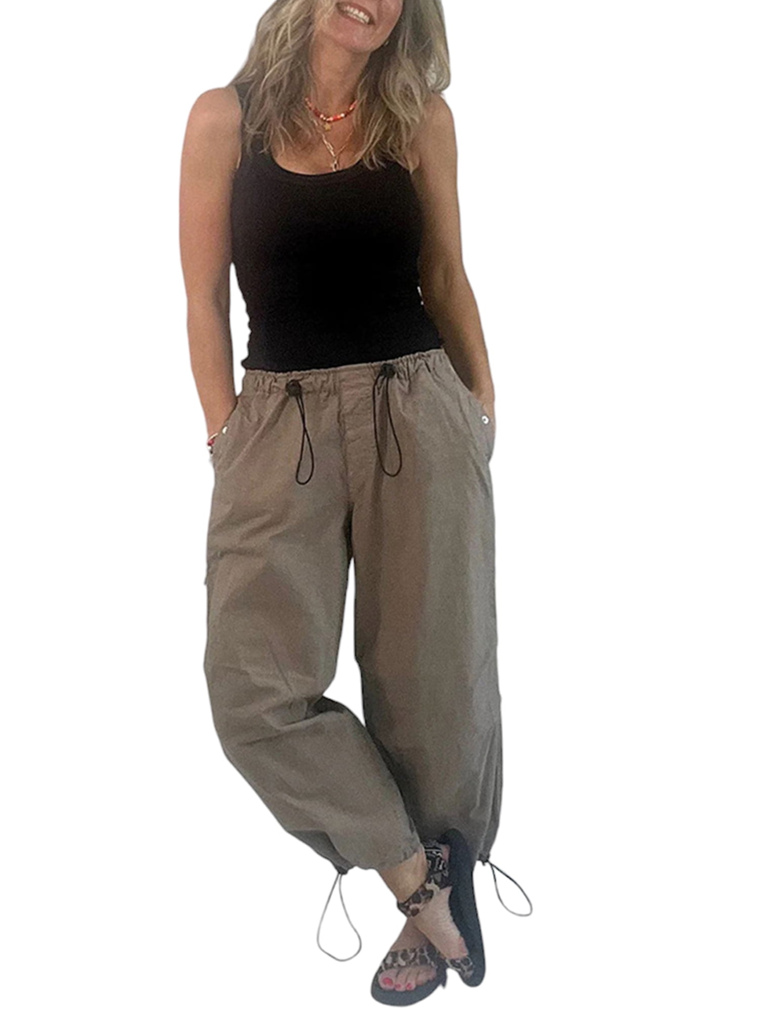 SpringTTC Women Workwear Trousers Solid Draw String Elastic Waist Full ...