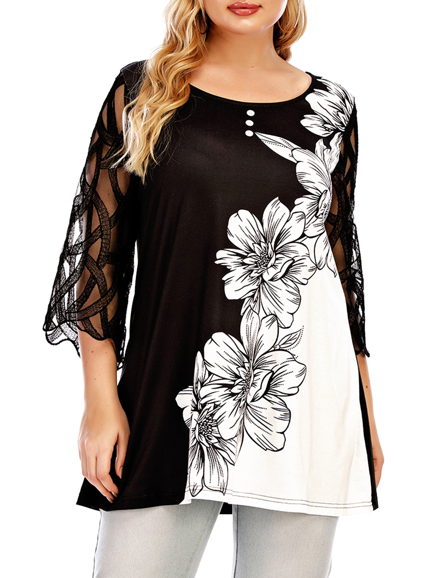 SpringTTC Women's 3/4 Sleeve Floral Flowy Swing Shirts Blouses Plus ...