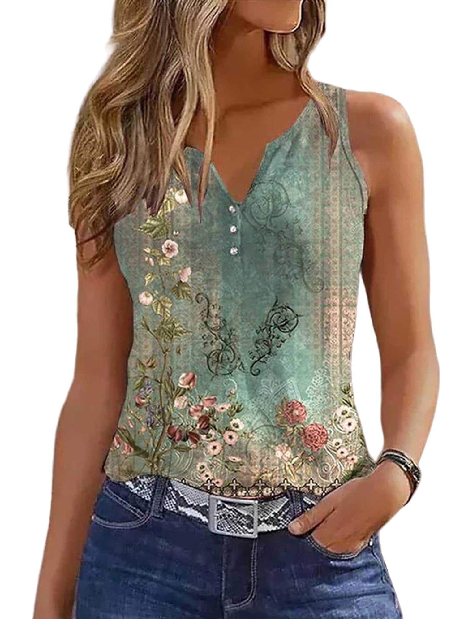 SpringTTC Women's Floral Print Button Sleeveless V-Neck Summer Classic ...