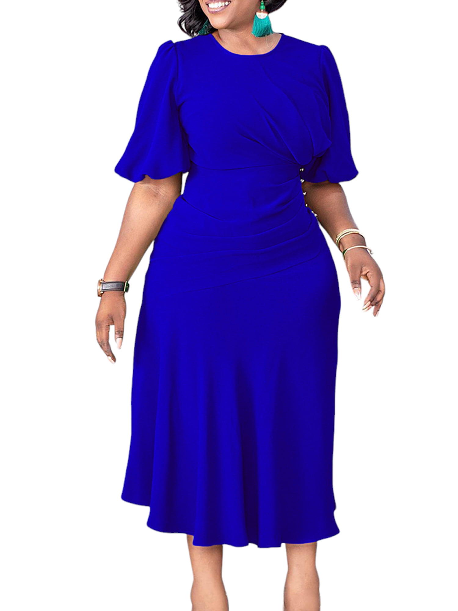 SpringTTC Women's Plus Size Summer Elegant Zip Puff Half Sleeve Round ...