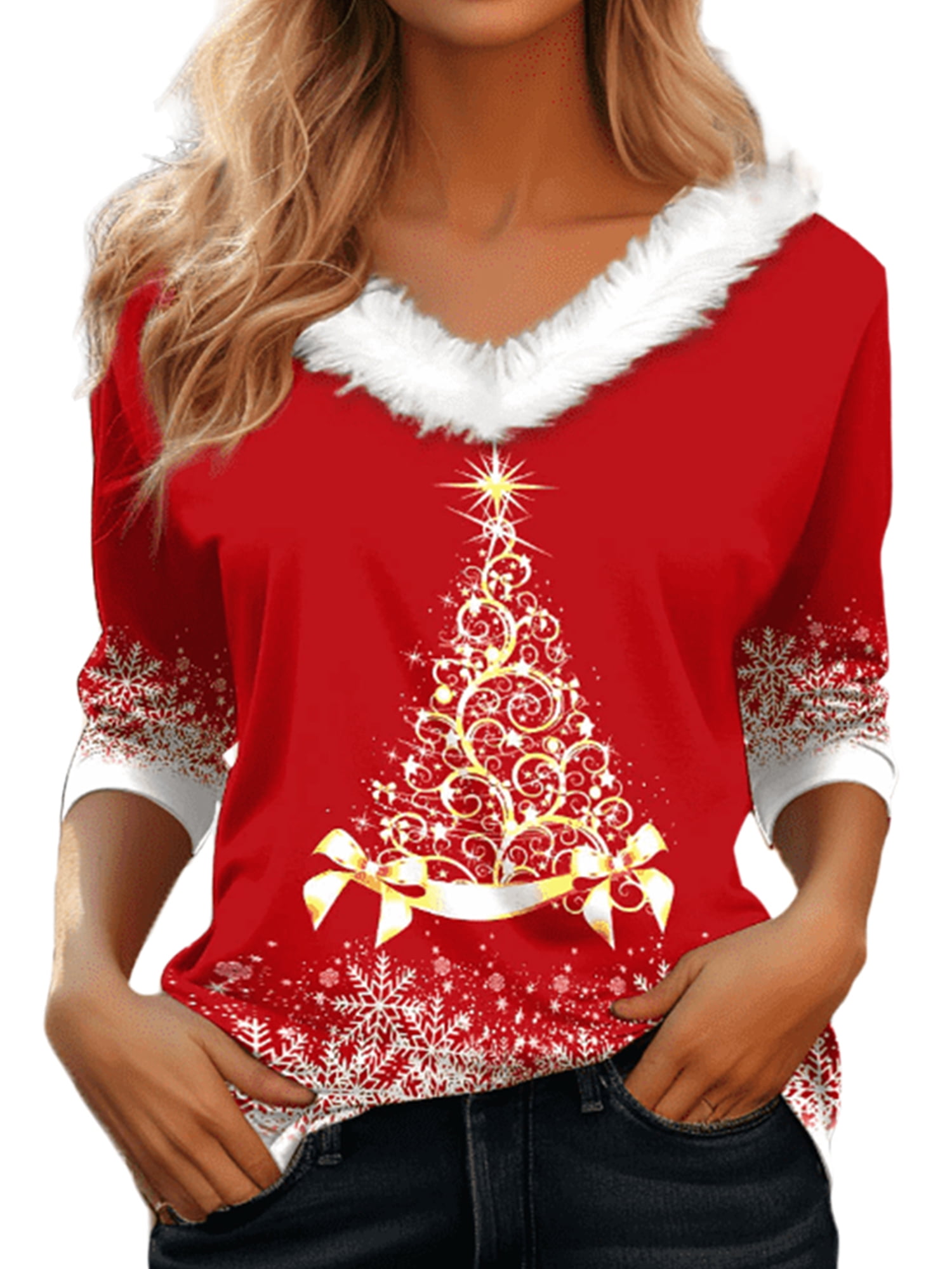 Springttc Womens Christmas T Shirt Tops Snowman Print Patchwork Plush