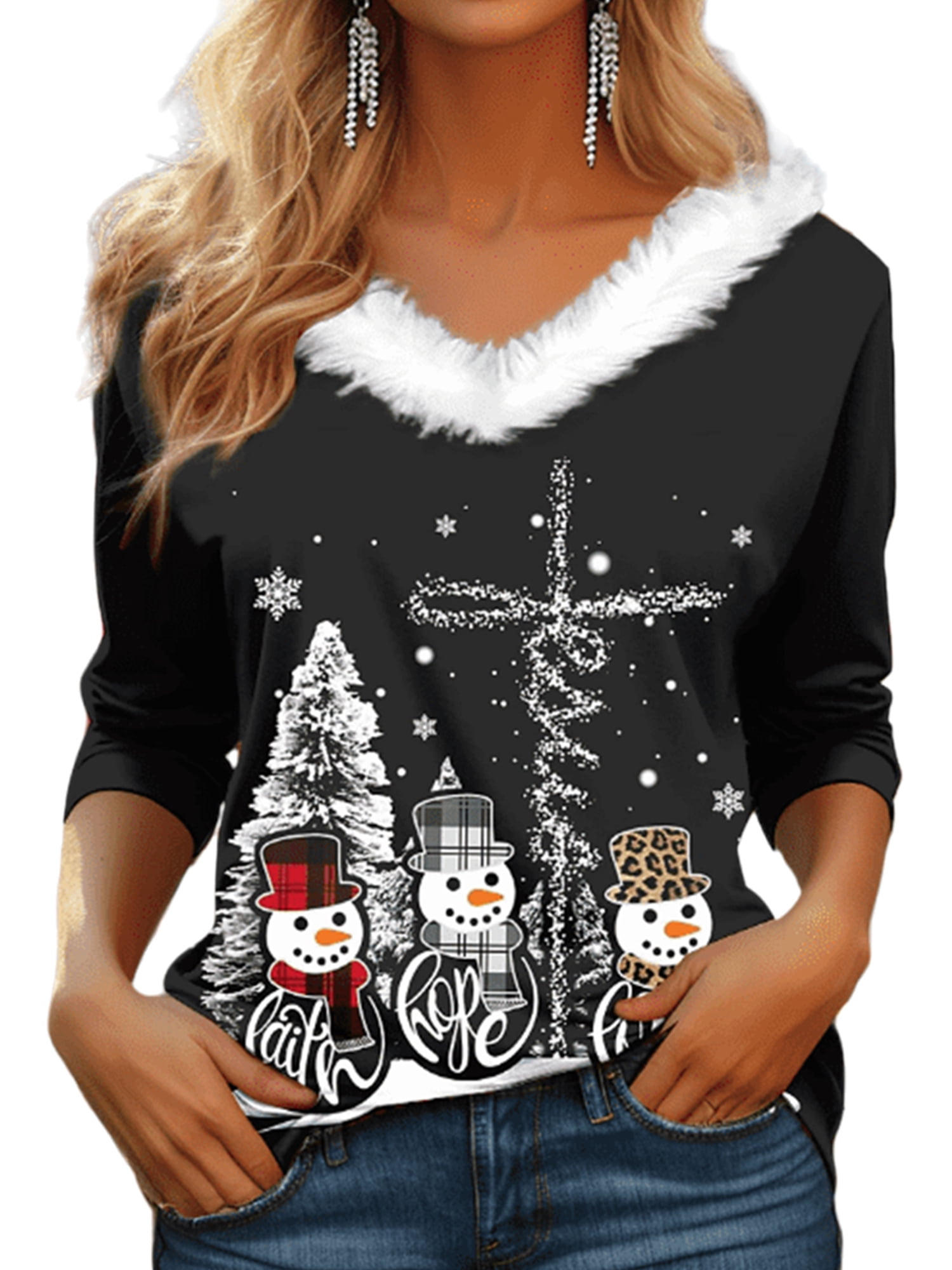 Springttc Womens Christmas T Shirt Tops Snowman Print Patchwork Plush