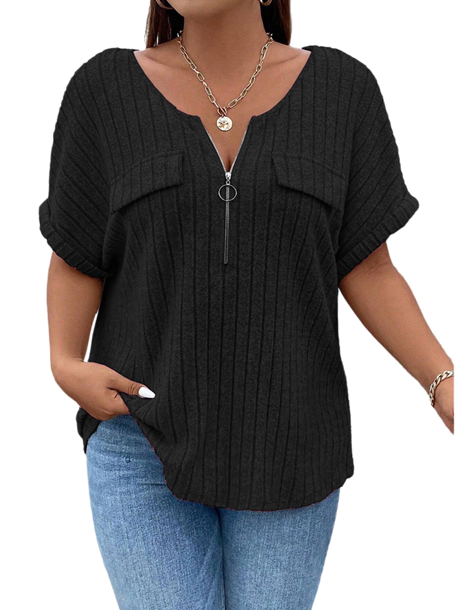 SpringTTC Womens Plus Size Summer 1/2 Zip Round Neck Short Sleeve Basic ...