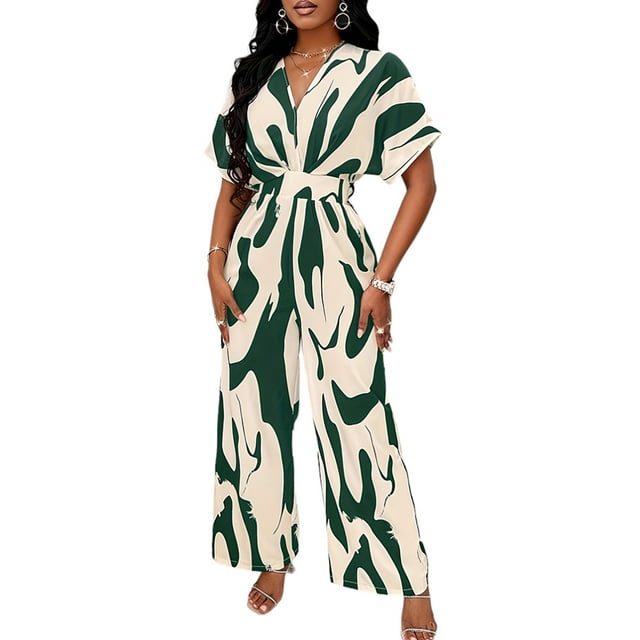 SpringTTC Womens Summer Short Sleeve Elastic Waist Relaxed Fit Wide Leg ...