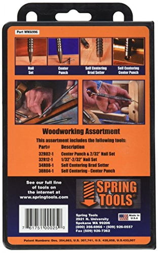 SpringTools WWA996 4 Piece Woodworking Set with Center Punch, Nail Set, Combo Nail Set, Self ...