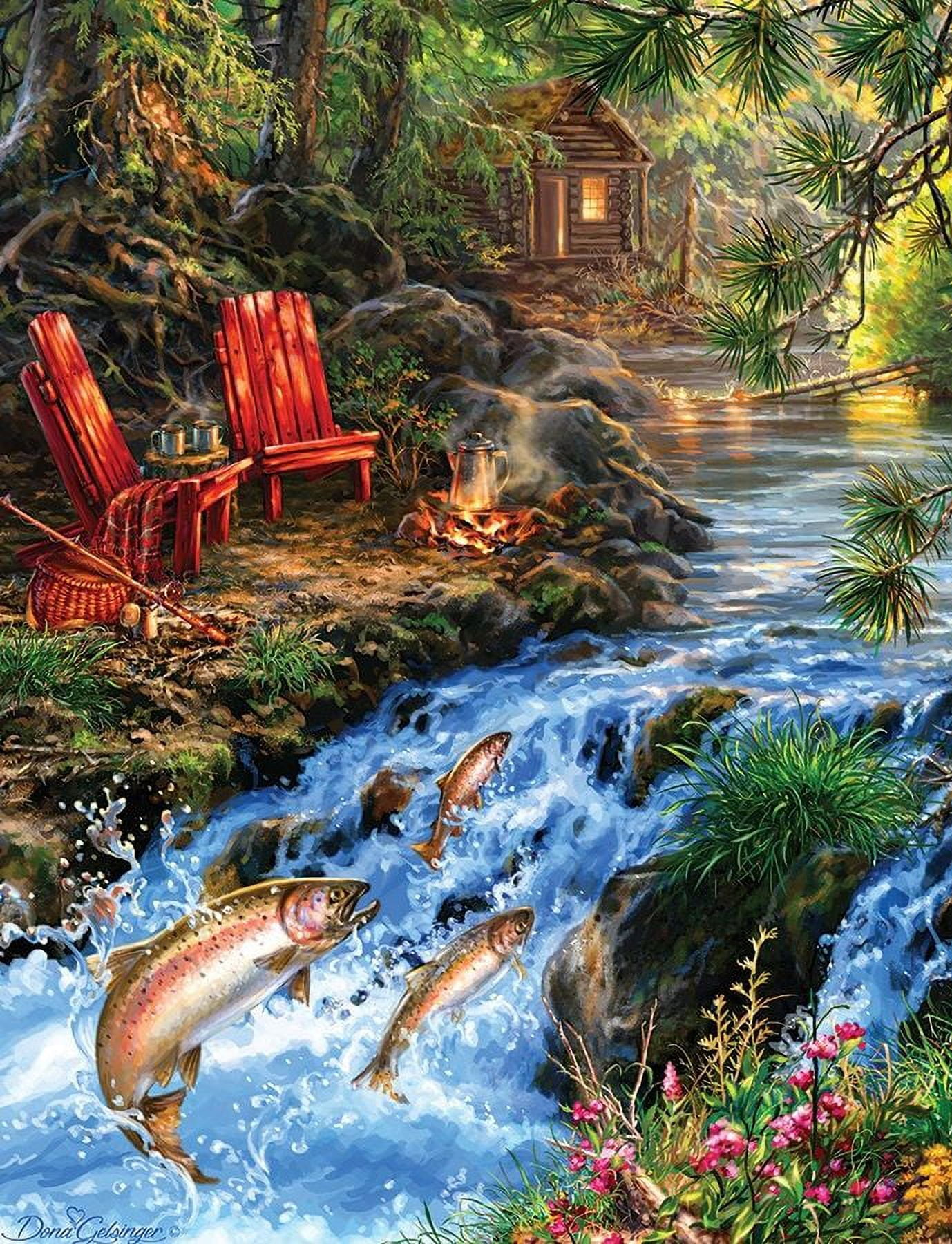 Springbok 500 Piece Jigsaw Puzzle, Fishing Cabin by Waterfall, Forest ...