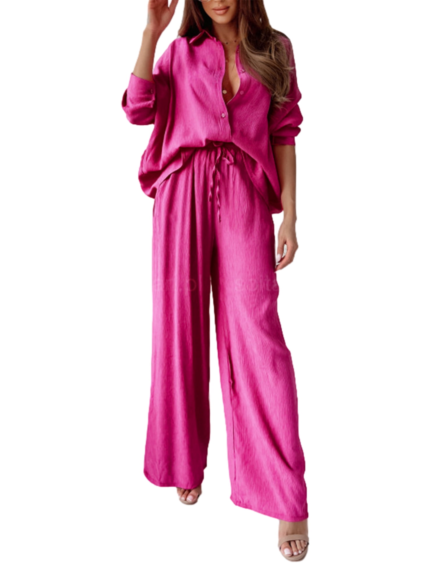 Springcmy Women 2 Piece Plisse Set Outfit Long Sleeve Button Down ...