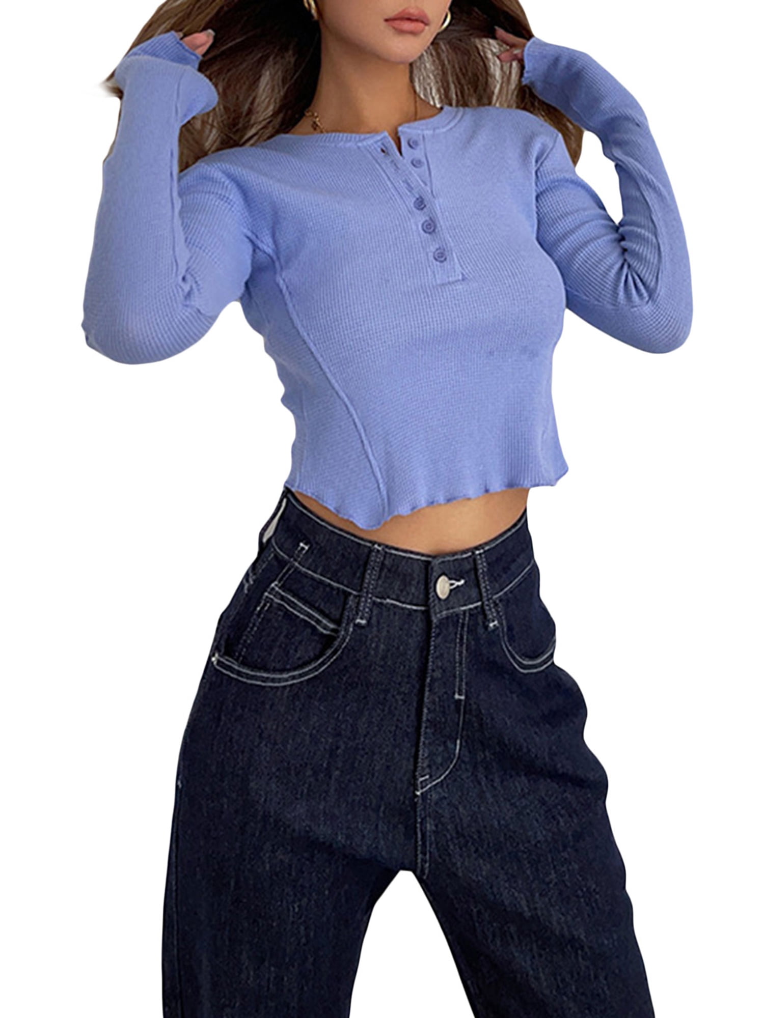 Springcmy Women Sexy Long Sleeve Shirt Button Slim Fitted Henley Ribbed
