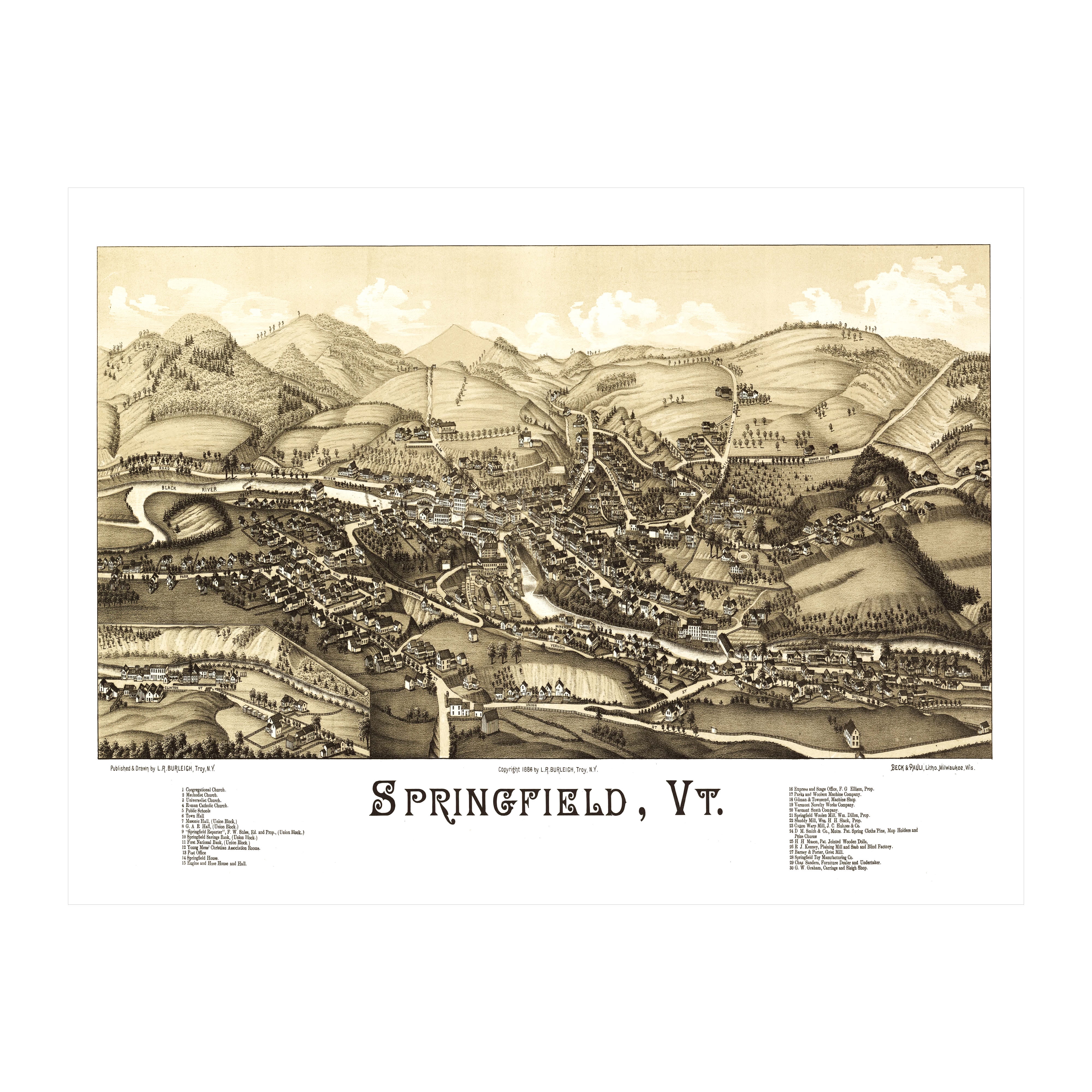 Springfield Art, 1886 Vintage Map of Springfield Vermont, VT History ...