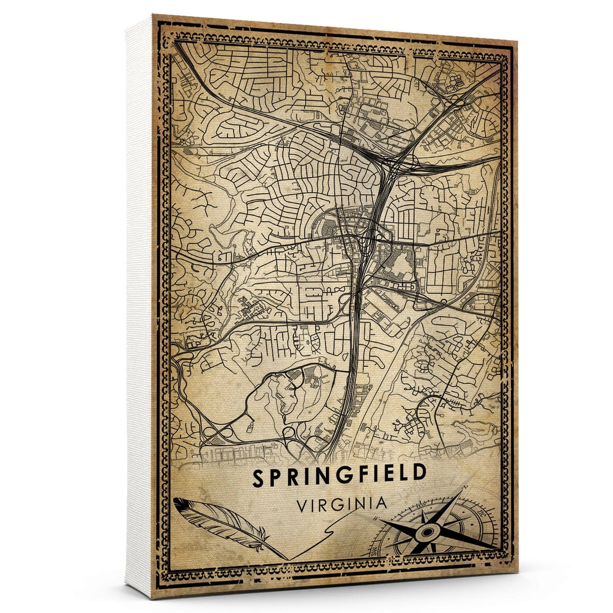 Springfield Vintage Map Prints Canvas, Virginia Map Art Canvas, Canvas ...