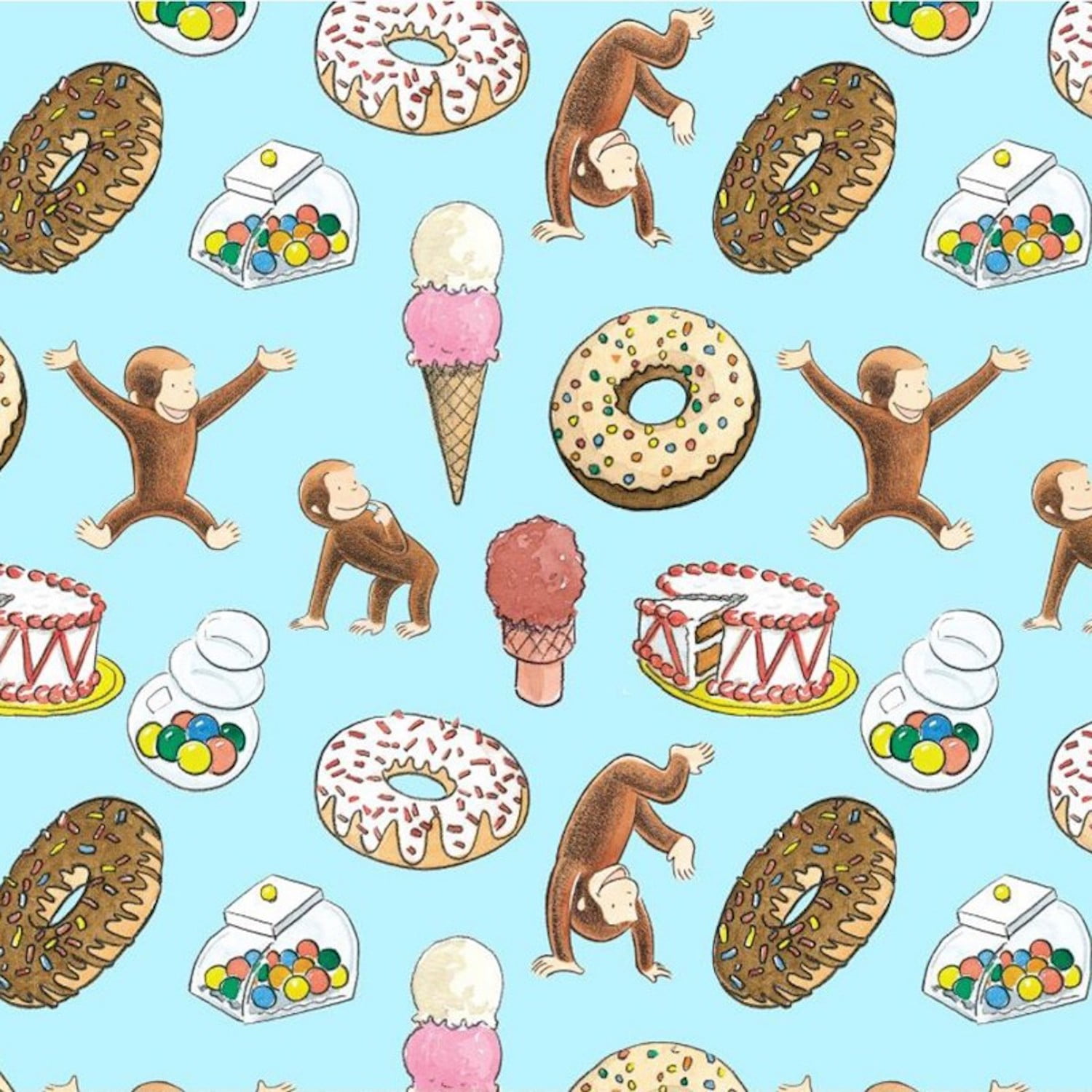 Springs Creative Curious George Sweets & Snacks Blue 100% Cotton Fabric ...