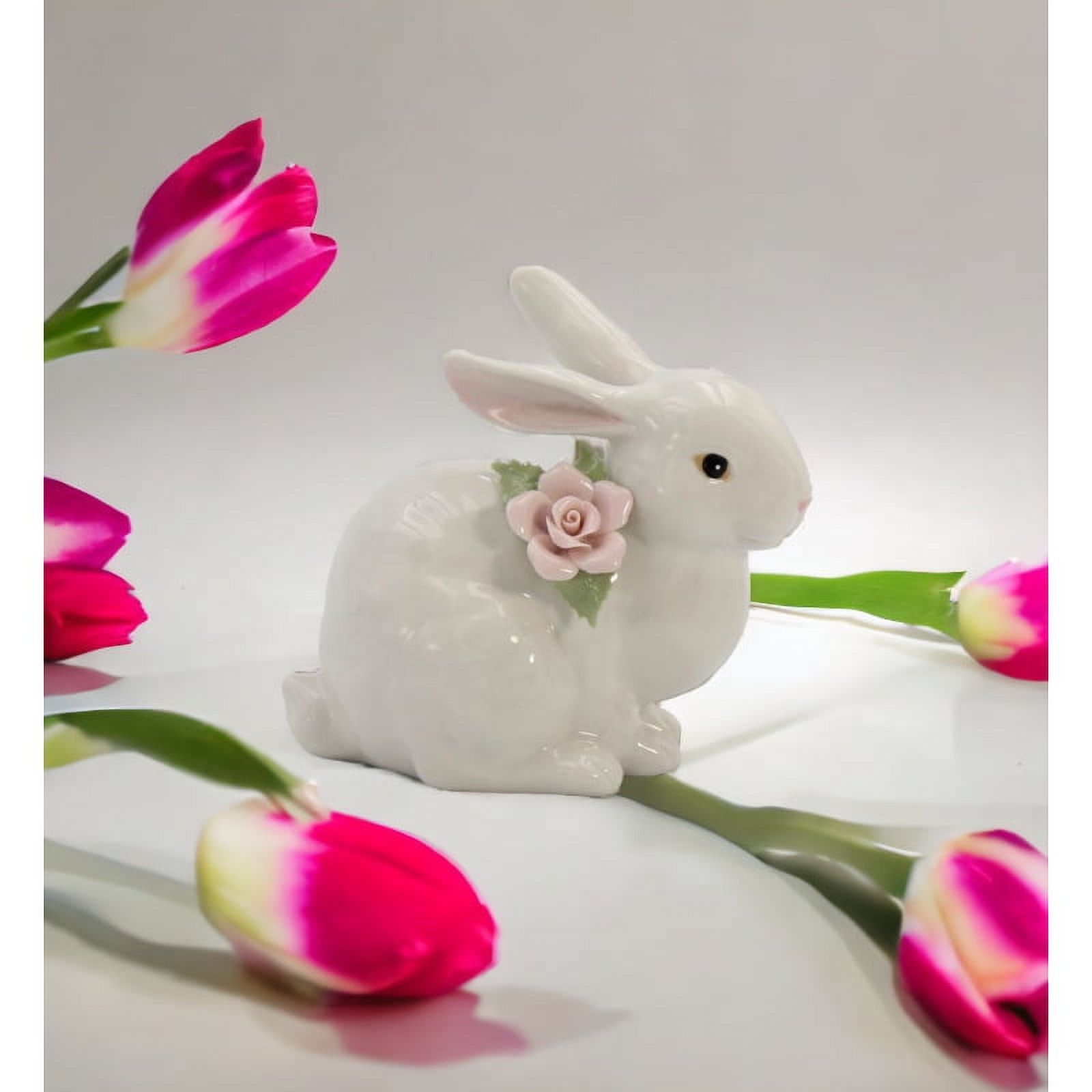 Springtime Bunnies Crouching Easter Bunny Figurine with Pink Rose 4.5 ...