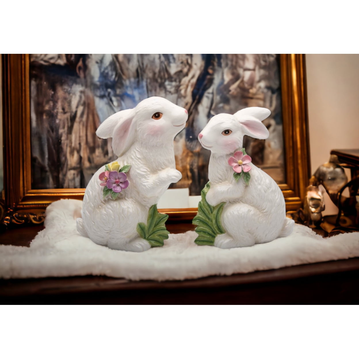 Springtime Bunnies Set of 2 Ceramic Easter Rabbits Decorative Figurines ...