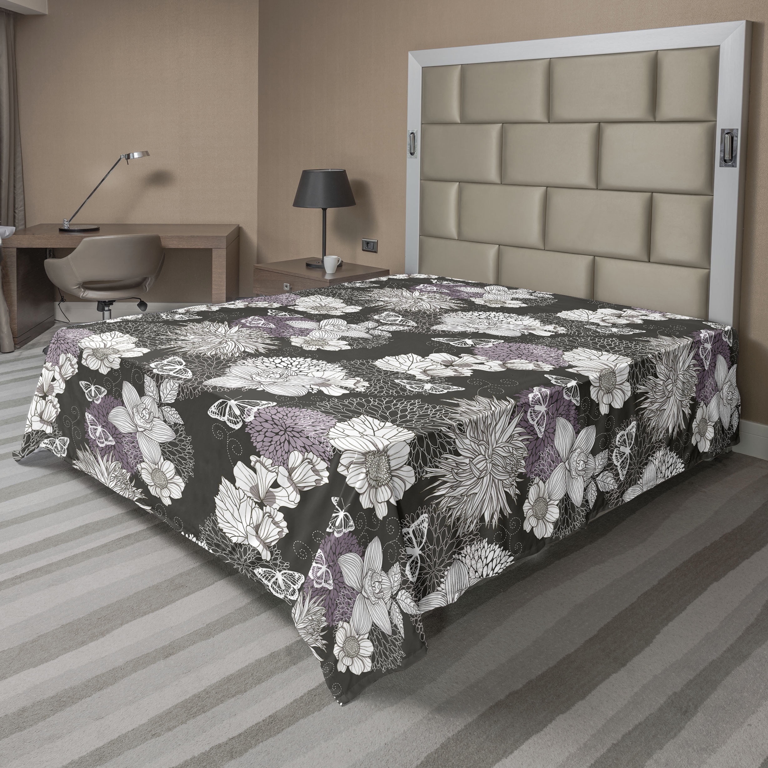 Springtime Flat Sheet, Bitonal Flowers Boho Orchid and Moth Pattern on ...