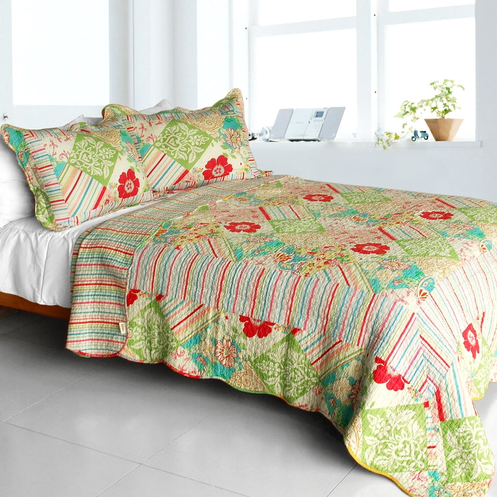 Springtime Hills 3PC Vermicelli-Quilted Floral Patchwork Quilt Set Full ...