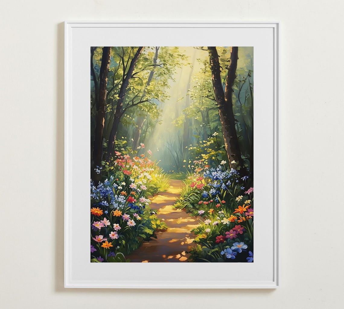 Springtime Path Wall Art, Enchanted Forest, Colorful Cottagecore Poster ...