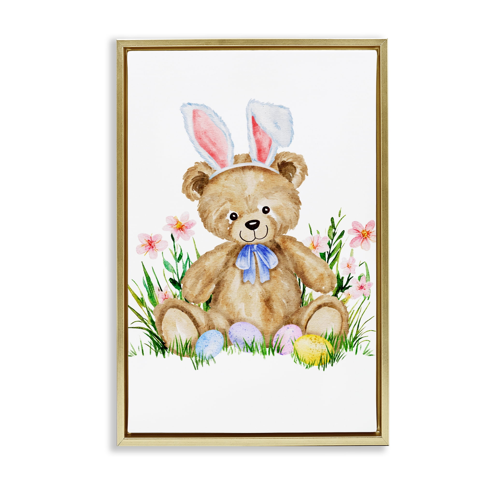 Springy Easter Teddy Bear Gold Framed Floater Canvas Wall Art, design ...