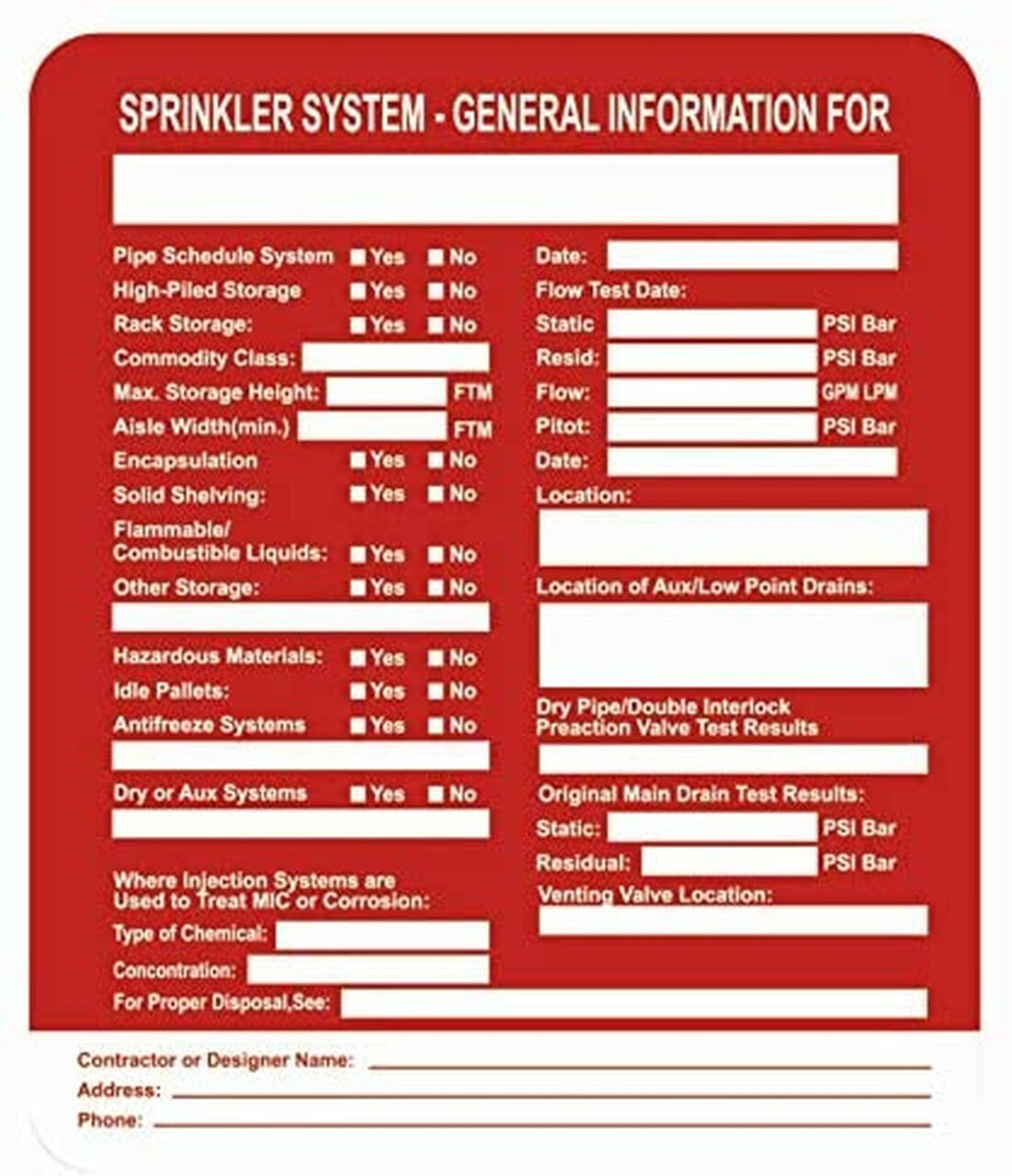Sprinkler System General Information Label Decal Sticker (red, 8.5X11 ...