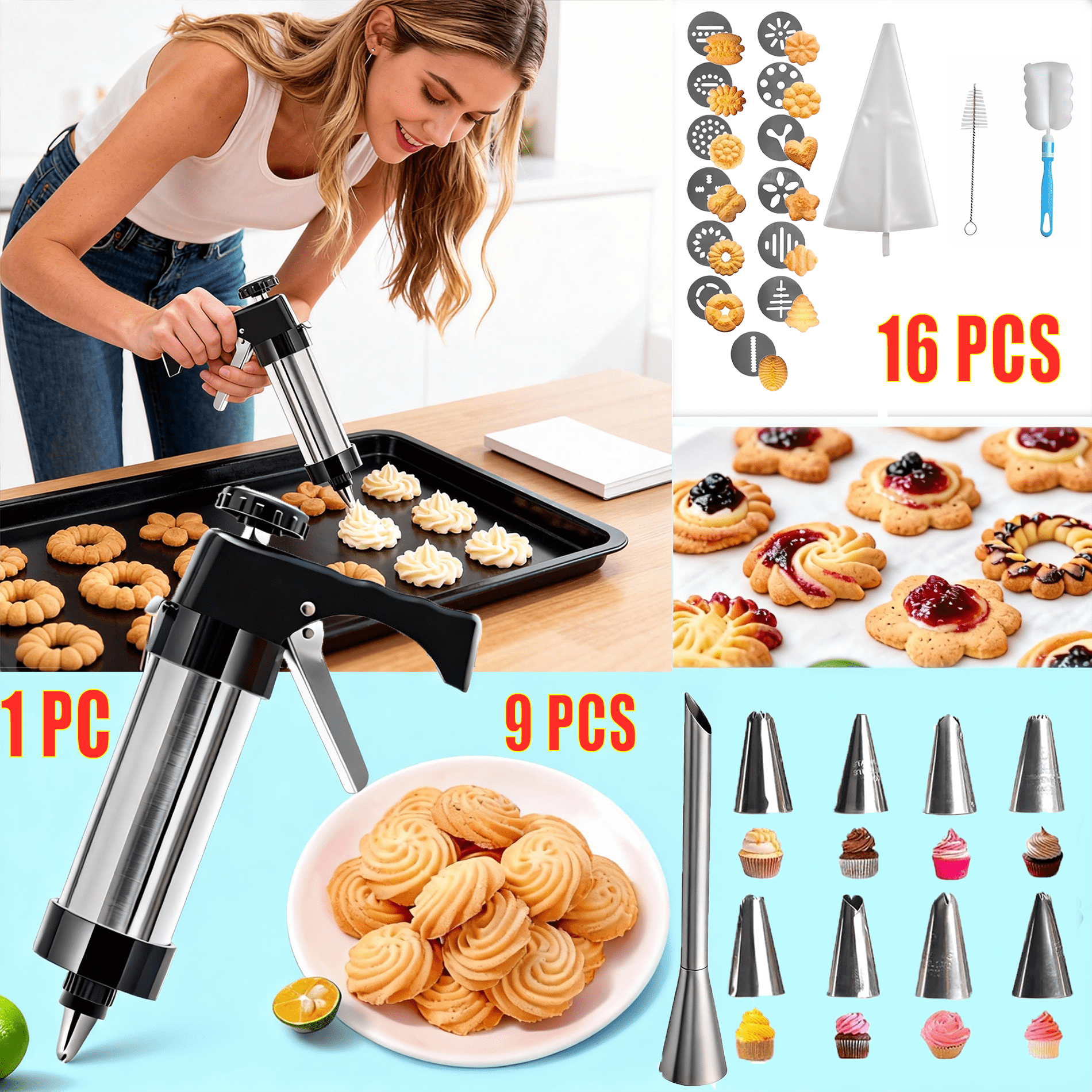 Spritz Cookie Press Gun Kit,Butter Cookie Press with 13 Discs & 9 Icing ...
