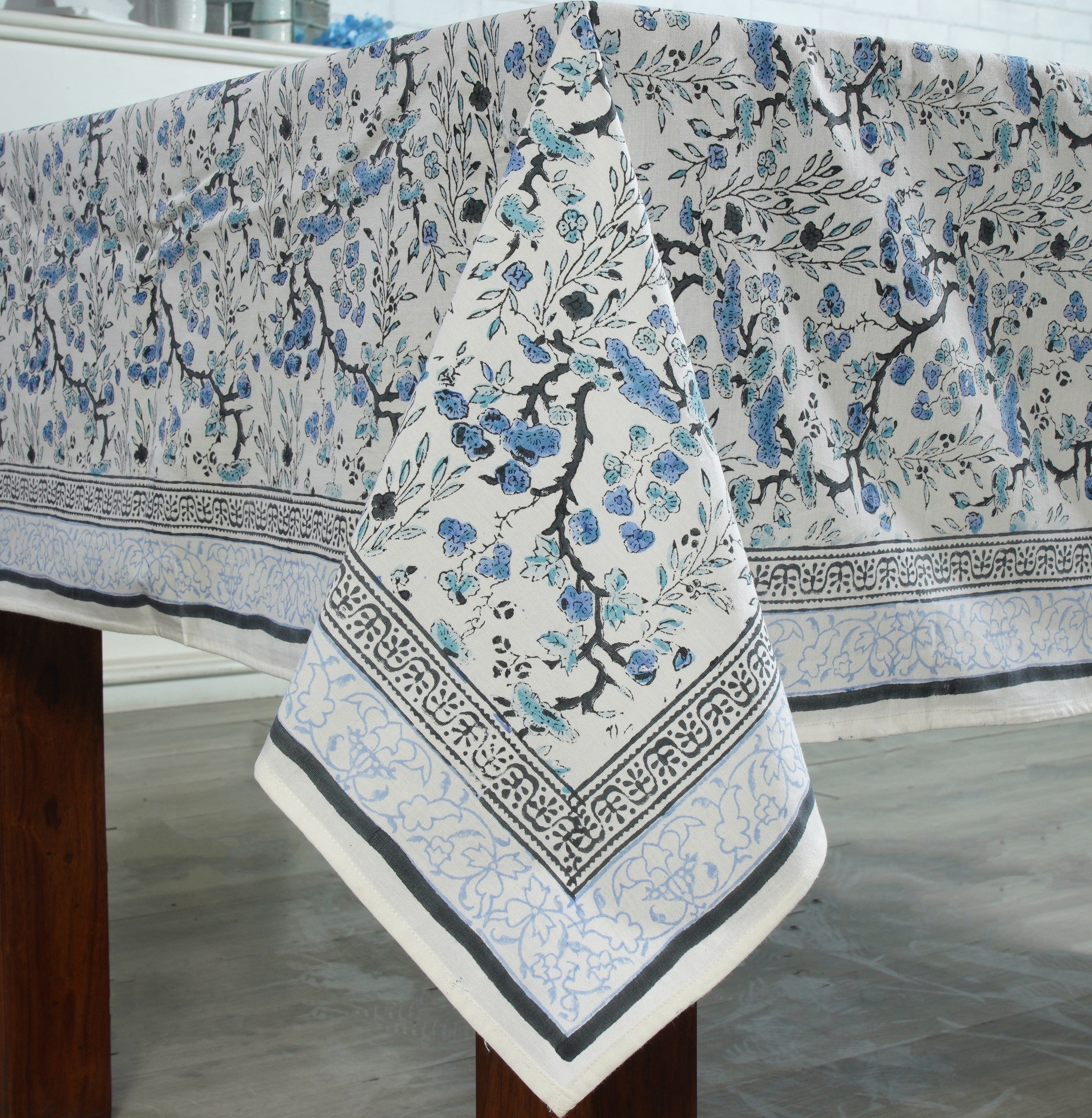 Spruce, Carolina and Powder Blue Indian Block Floral Print 100% Pure ...