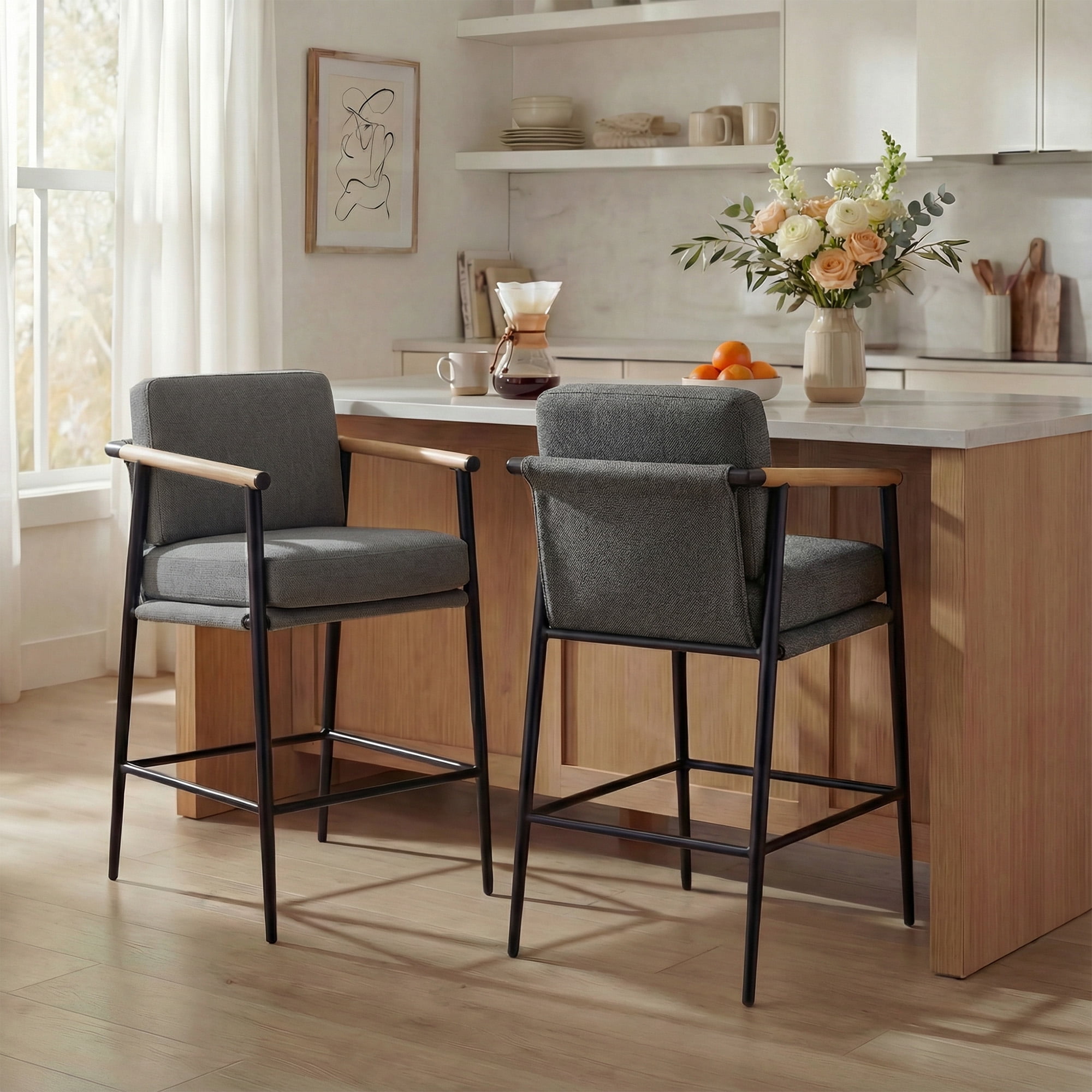 Spruce & Spring Mid-Century Modern Counter Stool Set with Wood Armrests ...