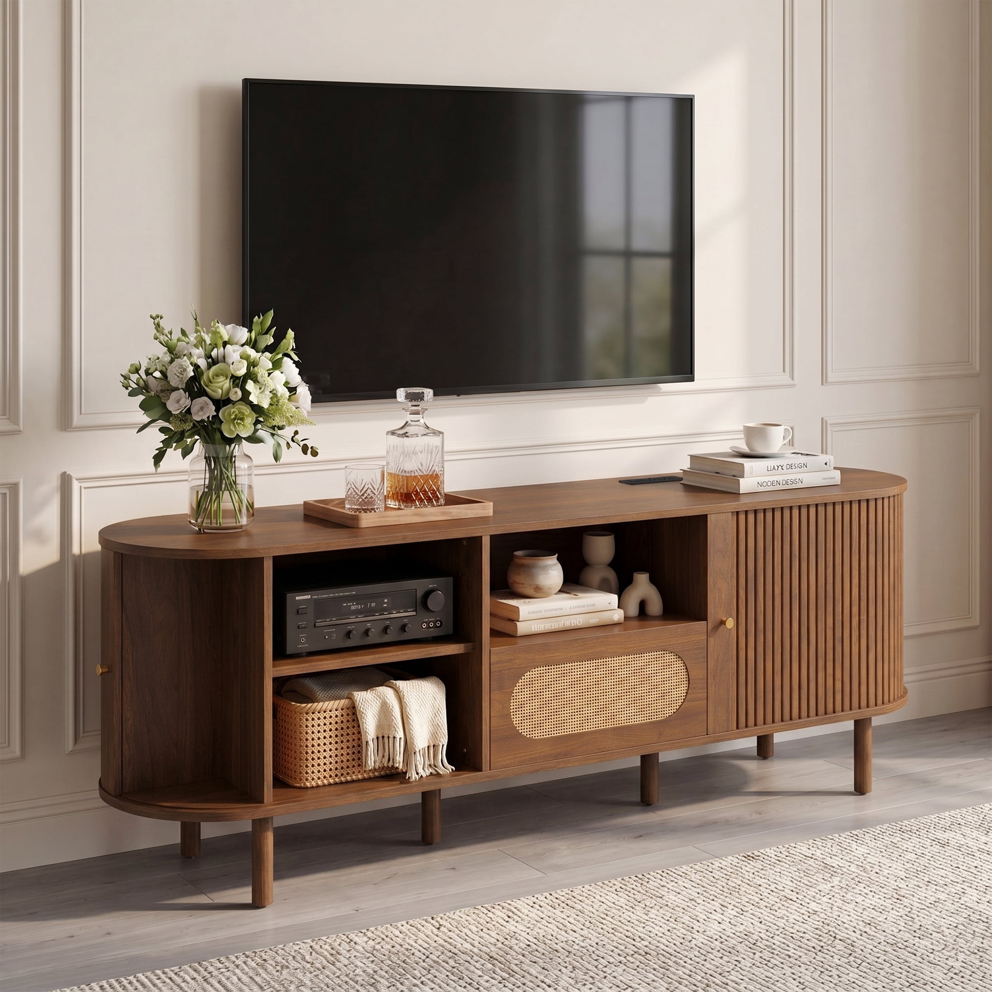Spruce & Spring Tambour TV Stand with Power Outlet, Mid-Century Modern ...