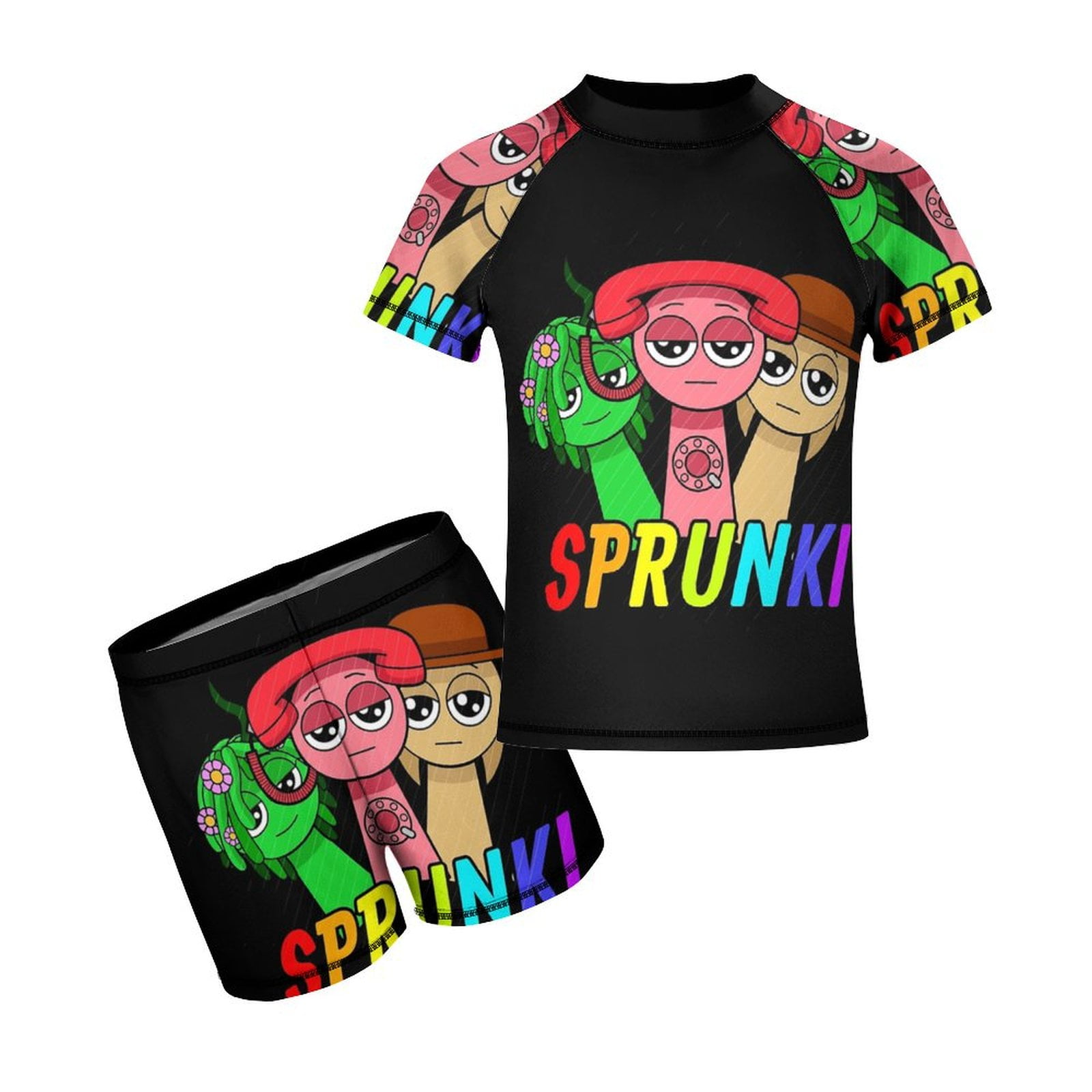 Sprunki Boys 2-Piece Swimsuit Set, Short Sleeve Rash Guard & Swim ...