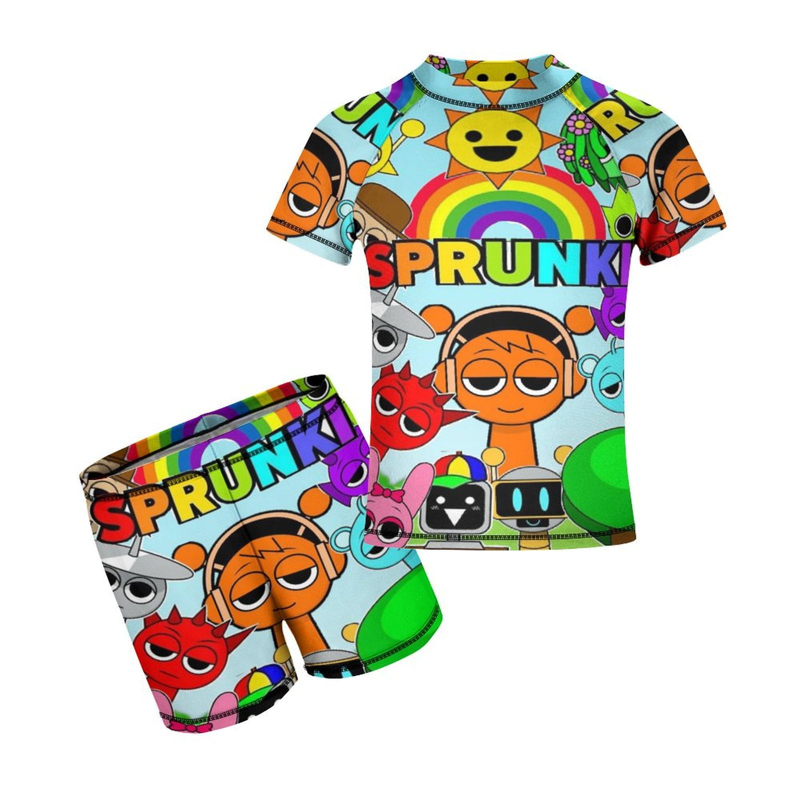 Sprunki Boys 2-Piece Swimsuit Set, Short Sleeve Rash Guard & Swim ...