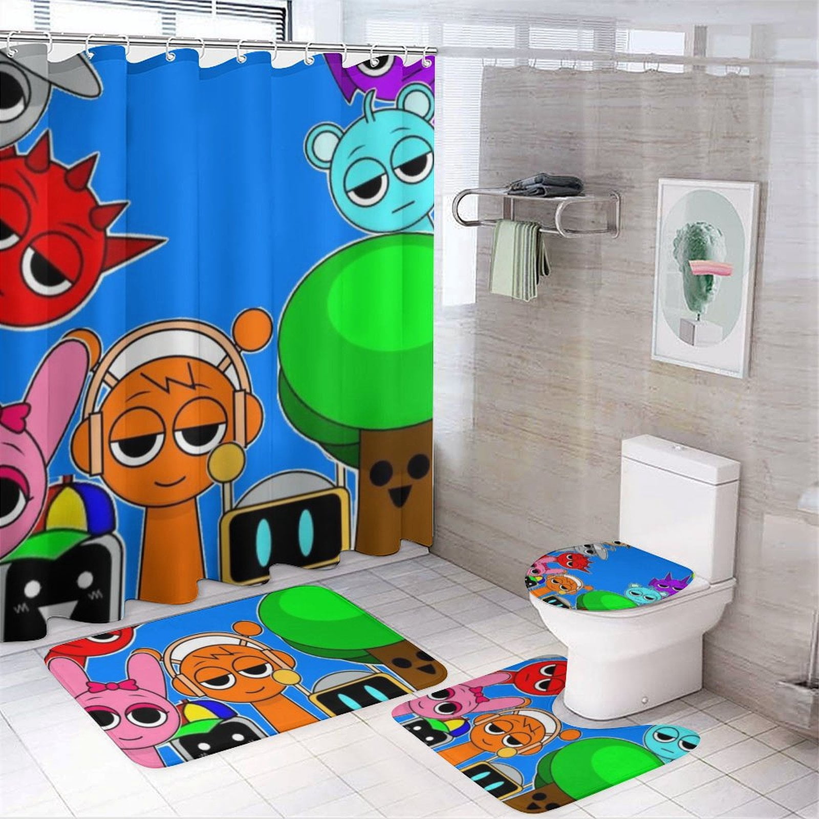 Sprunki Shower Curtain Set 4-Piece Bathroom Set with Non-Slip Rug, U ...